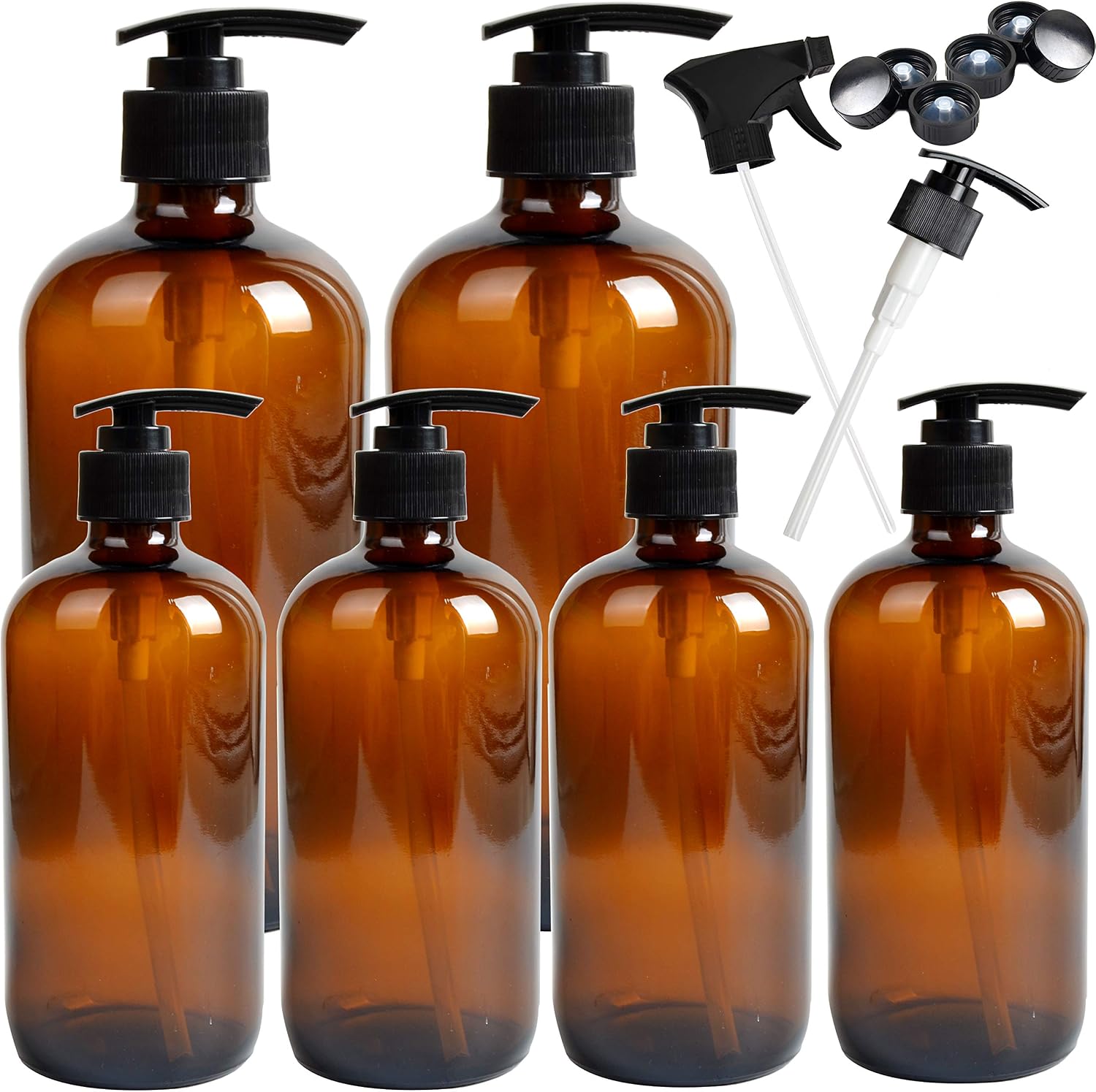 Youngever 6 Pack Empty Amber Glass Pump Bottles 2 Pack 16 Ounce And 4 Youngever 6 Pack Empty Amber Glass Pump Bottles 2 Pack 16 Ounce And 4