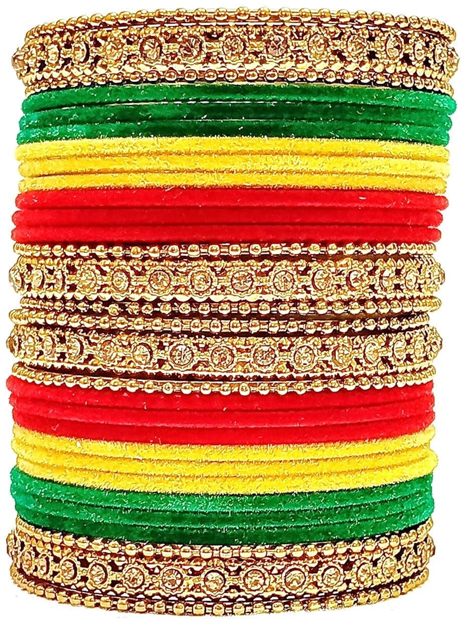 Buy Generic Oneness Red Green Yellow Metal Velvet Bangle Set with ...