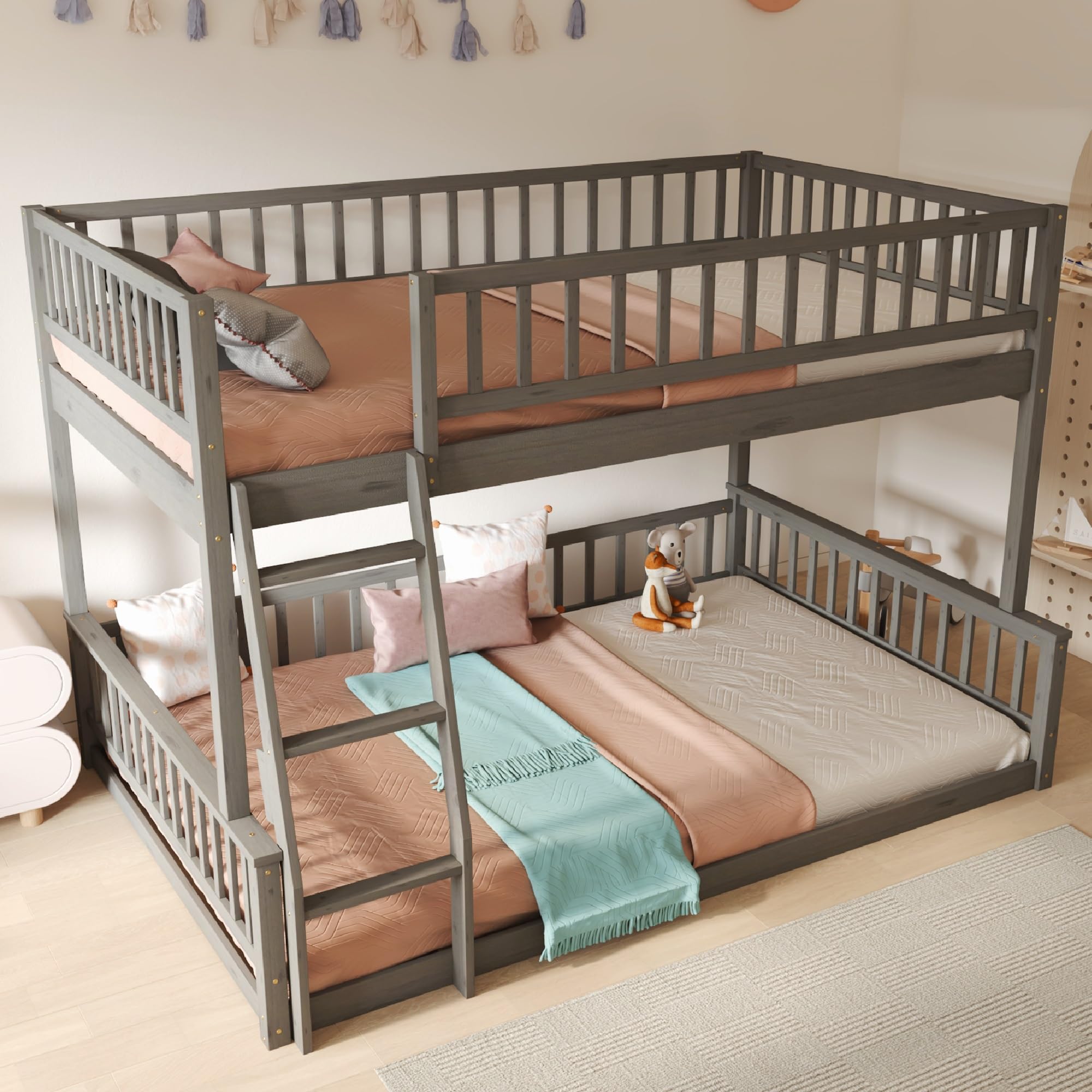 Merax Full XL Over Queen Floor Bunk Bed, Kids Bedroom Gray Wooden Bunk ...