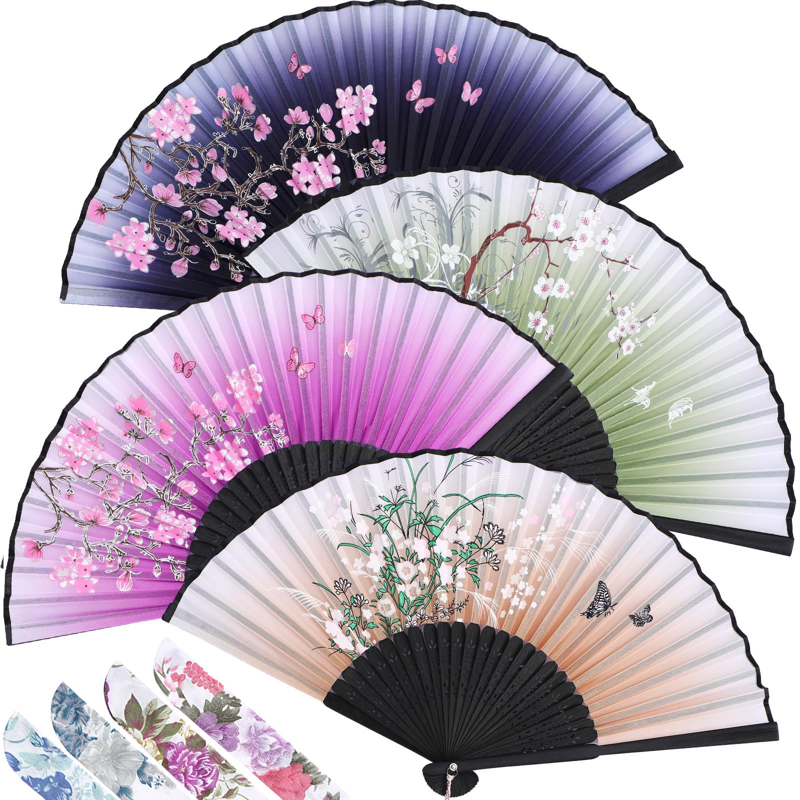 Zonon 4 Pack Handheld Floral Folding Fans Hand Held Silk Bamboo Fans ...