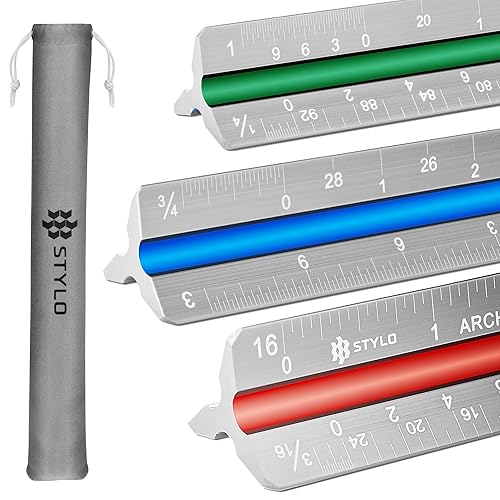 Stylo 12" Aluminum Architect Scale Ruler Laser Etched Triangle Drafting ...