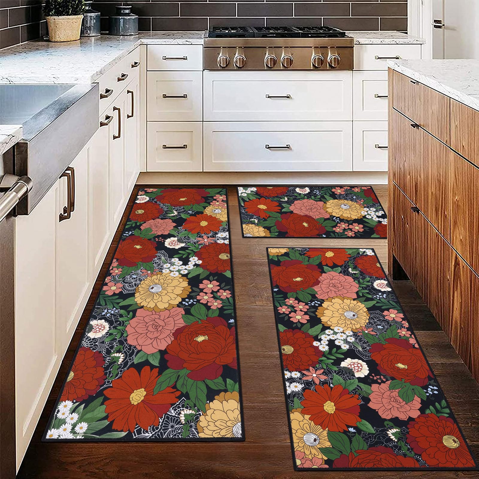 Ileading Floral Kitchen Rugs Sets of 3 Piece Vintage Flower Kitchen ...