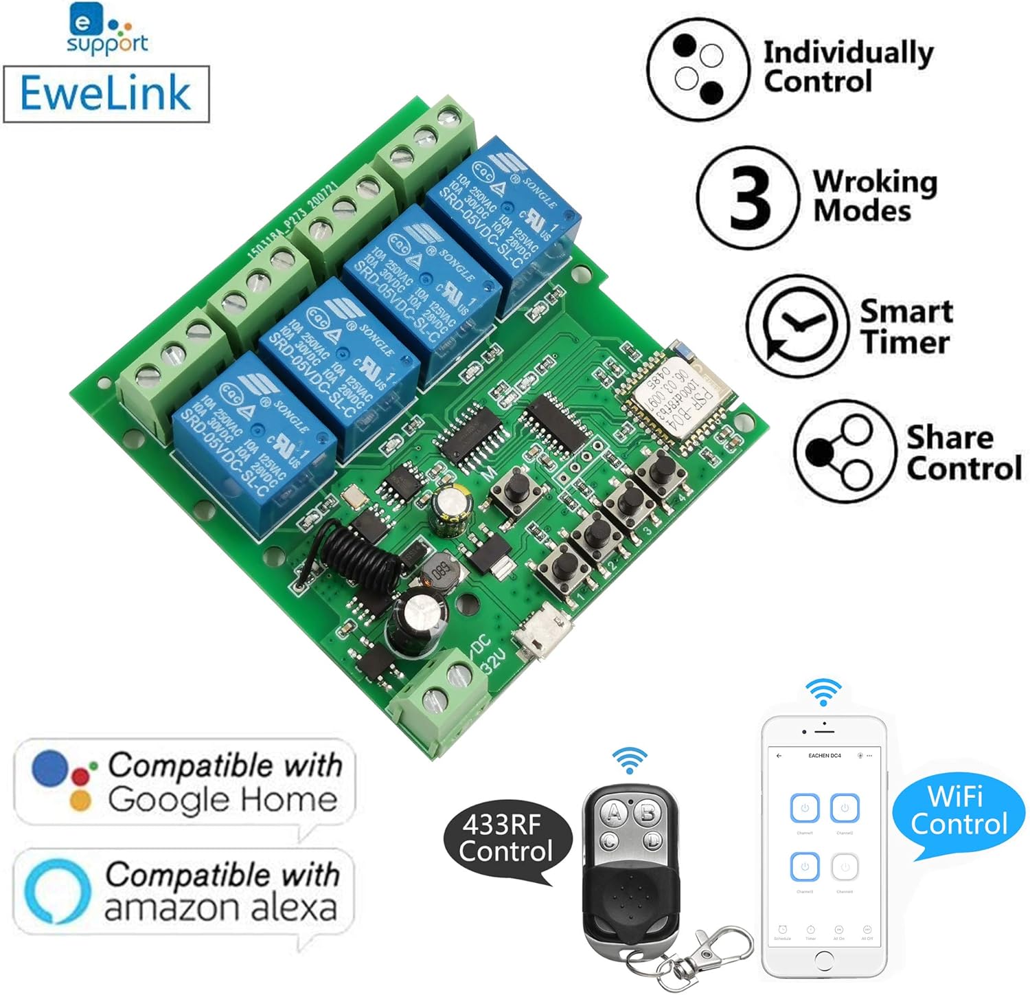 Newgoal 4 Channels WiFi Wireless Smart Switch Inching Self-Locking ...