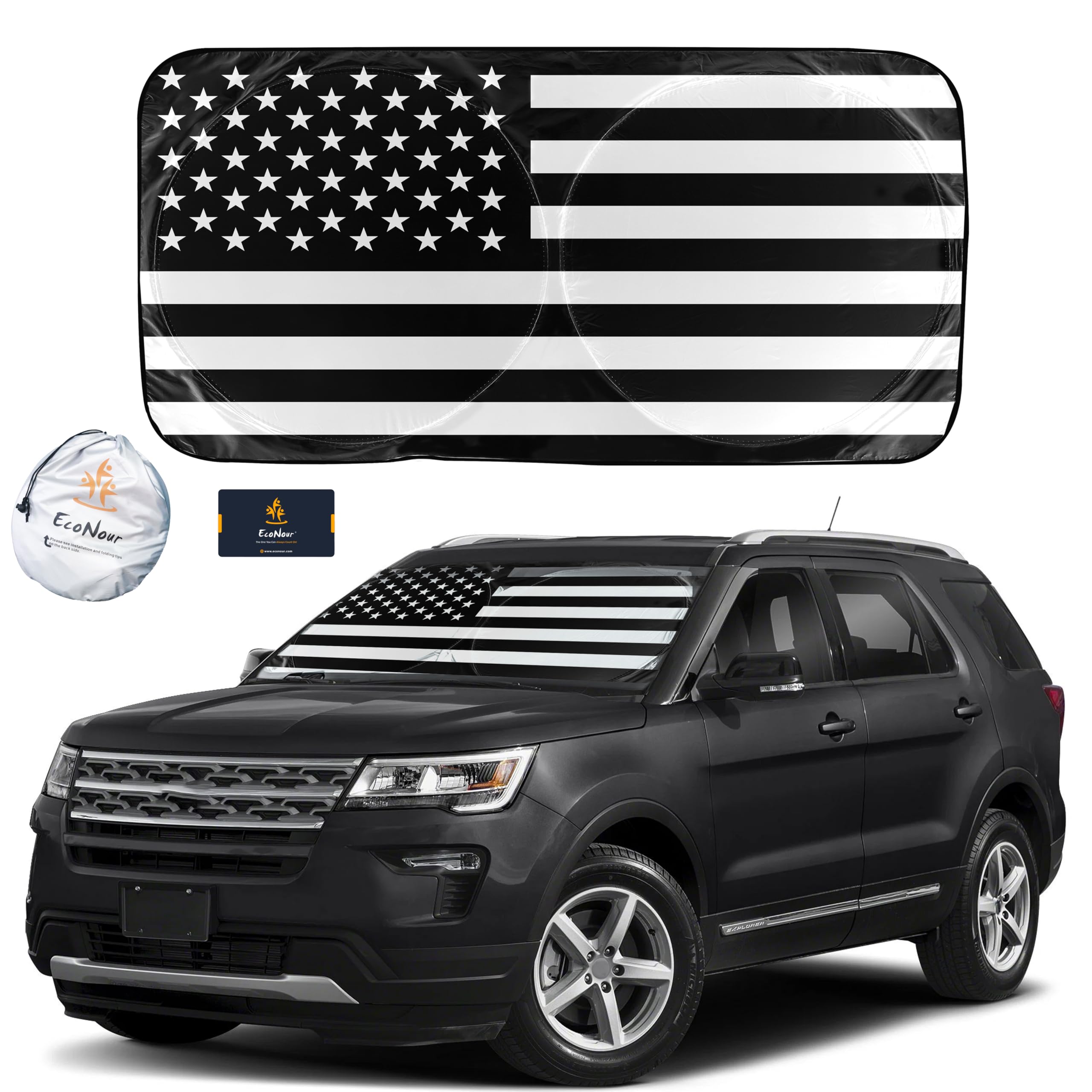 EcoNour Car Sun Shade Windshield B&W USA American Flag | 240T Foldable ...