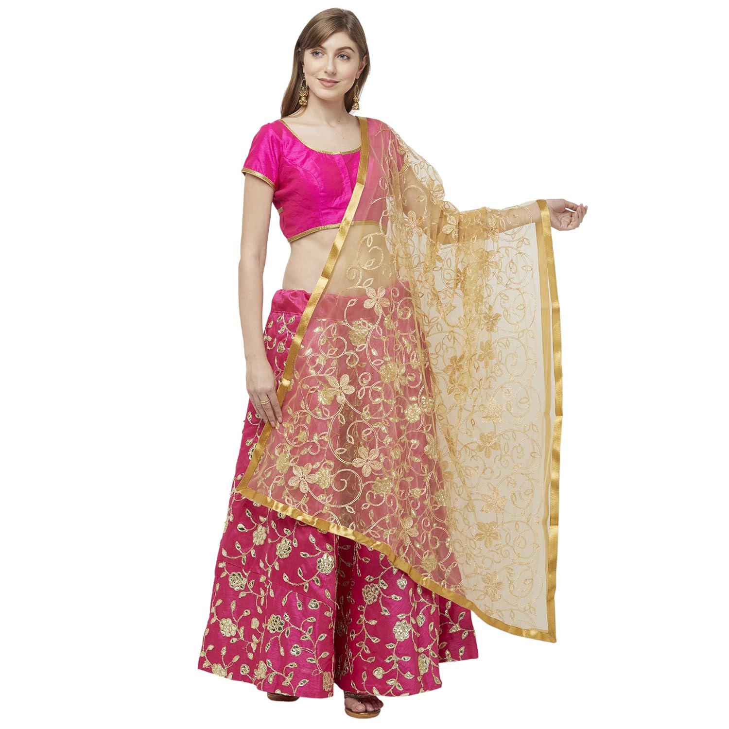 Buy Dupatta Bazaar Woman's Embroidered Gold Net Dupatta at Amazon.in