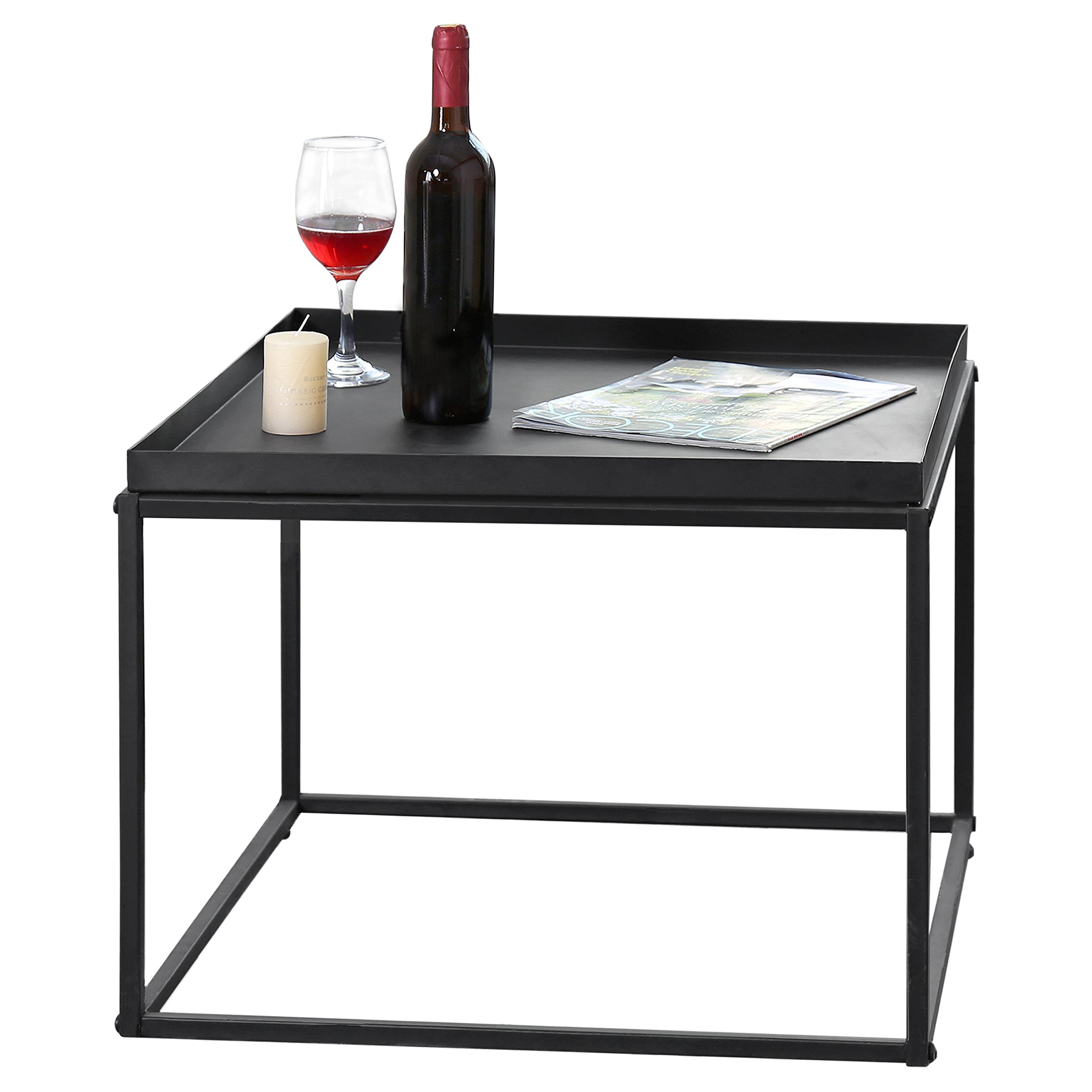 MyGift 24-Inch Modern Black Metal Square Tray Side Table