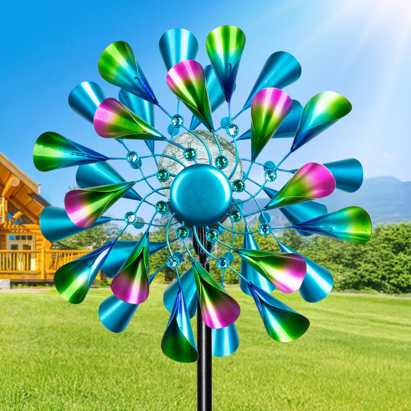 60'' Wind Spinner with Color Glass Ball Solar Lights, Green Peacock ...
