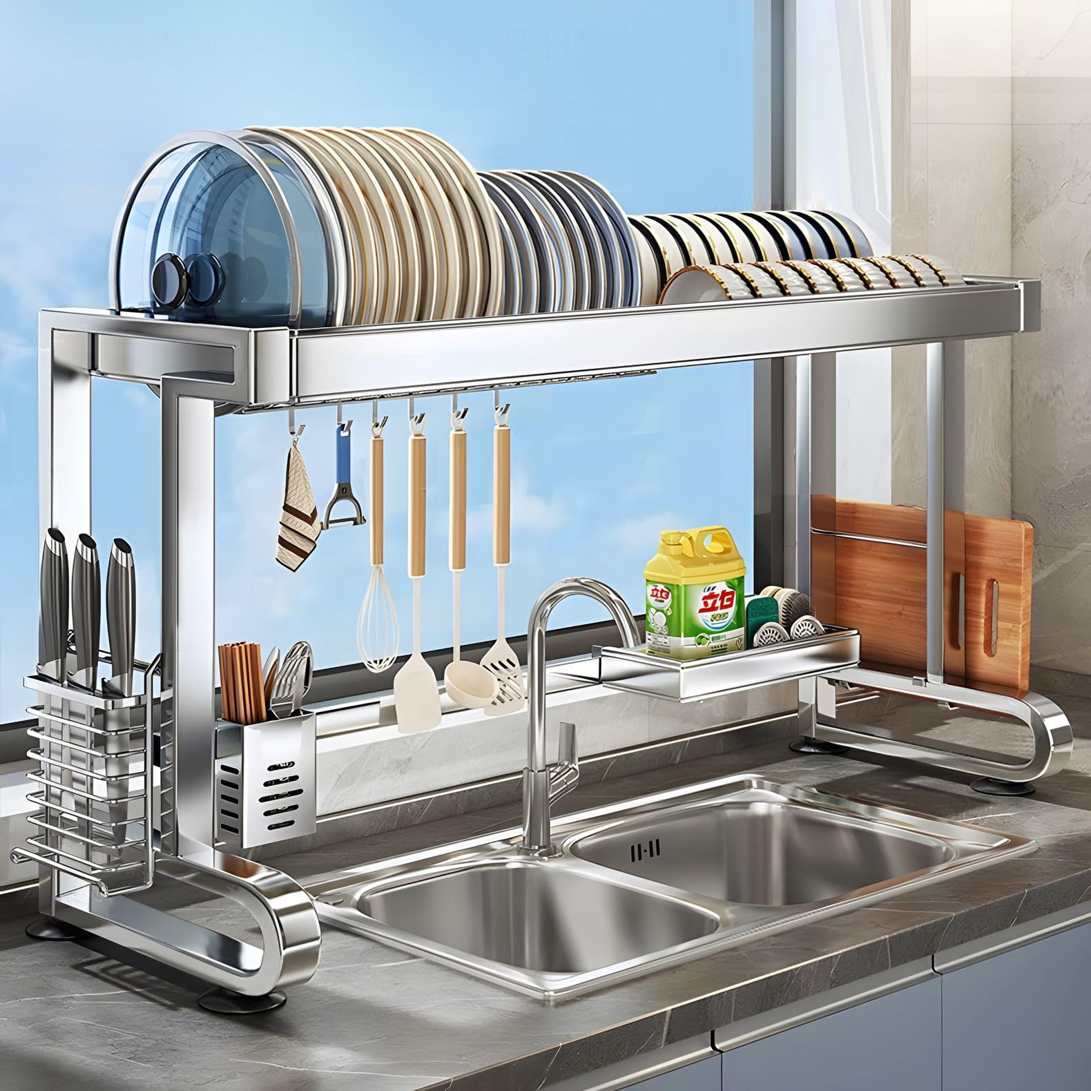 GOOSECHEF Over The Sink Dish Drainer Drying Rack, 2-Tier Full ...