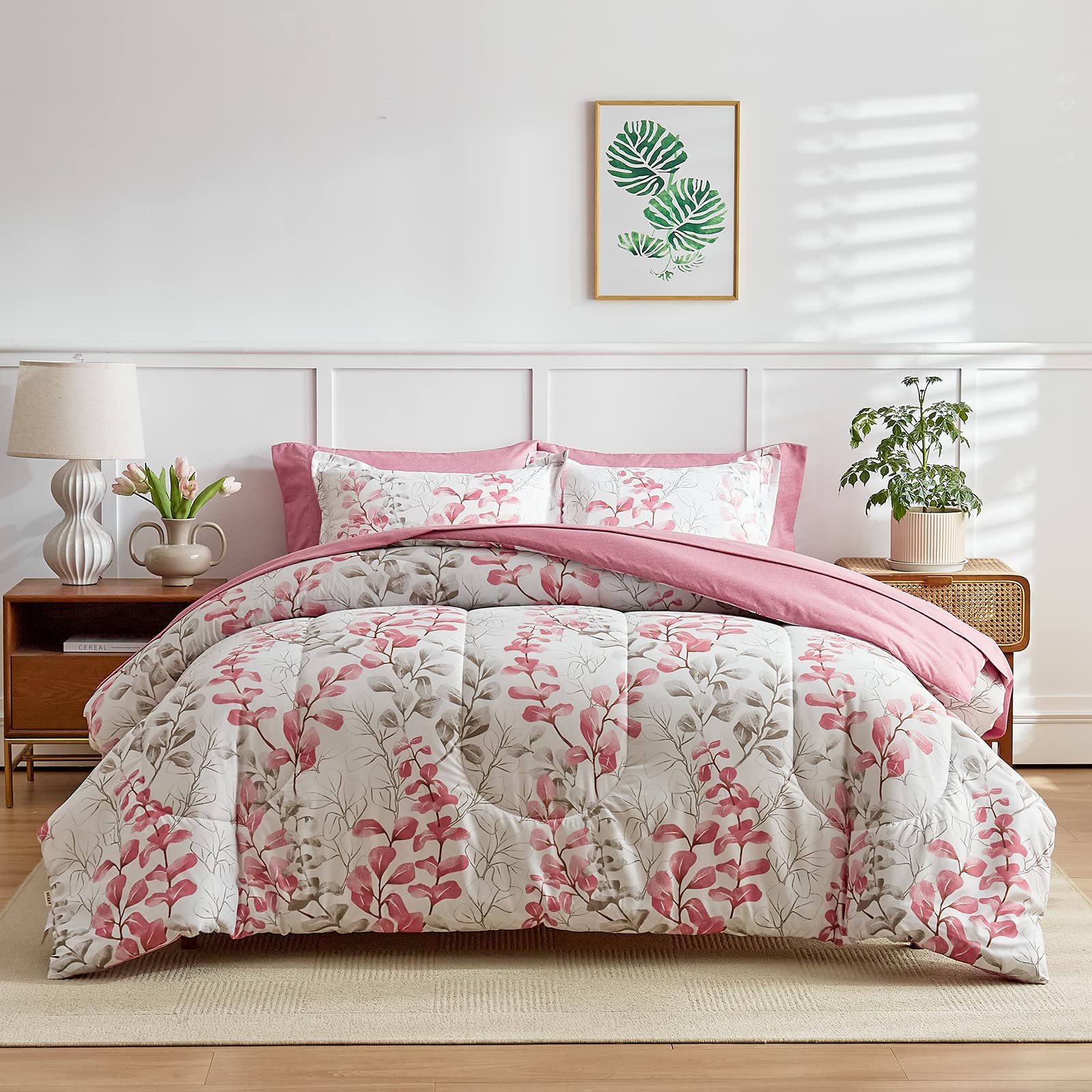 Pink Floral Comforter Sheet Set Bed in a Bag 7 Pieces Queen Size Pink ...