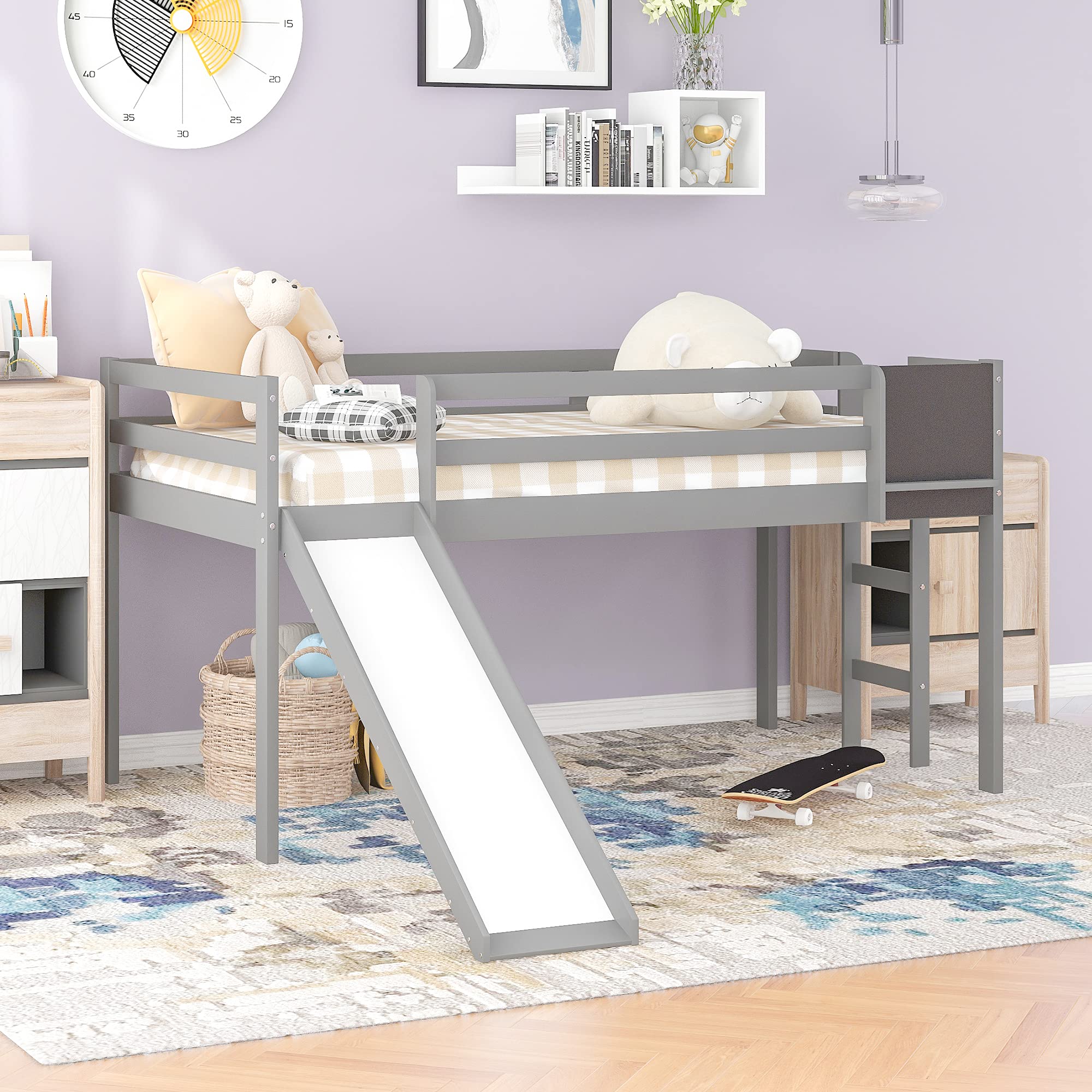 Twin Size Low Loft Bed with Slide,Kids Loft Bed with Chalkboard and ...