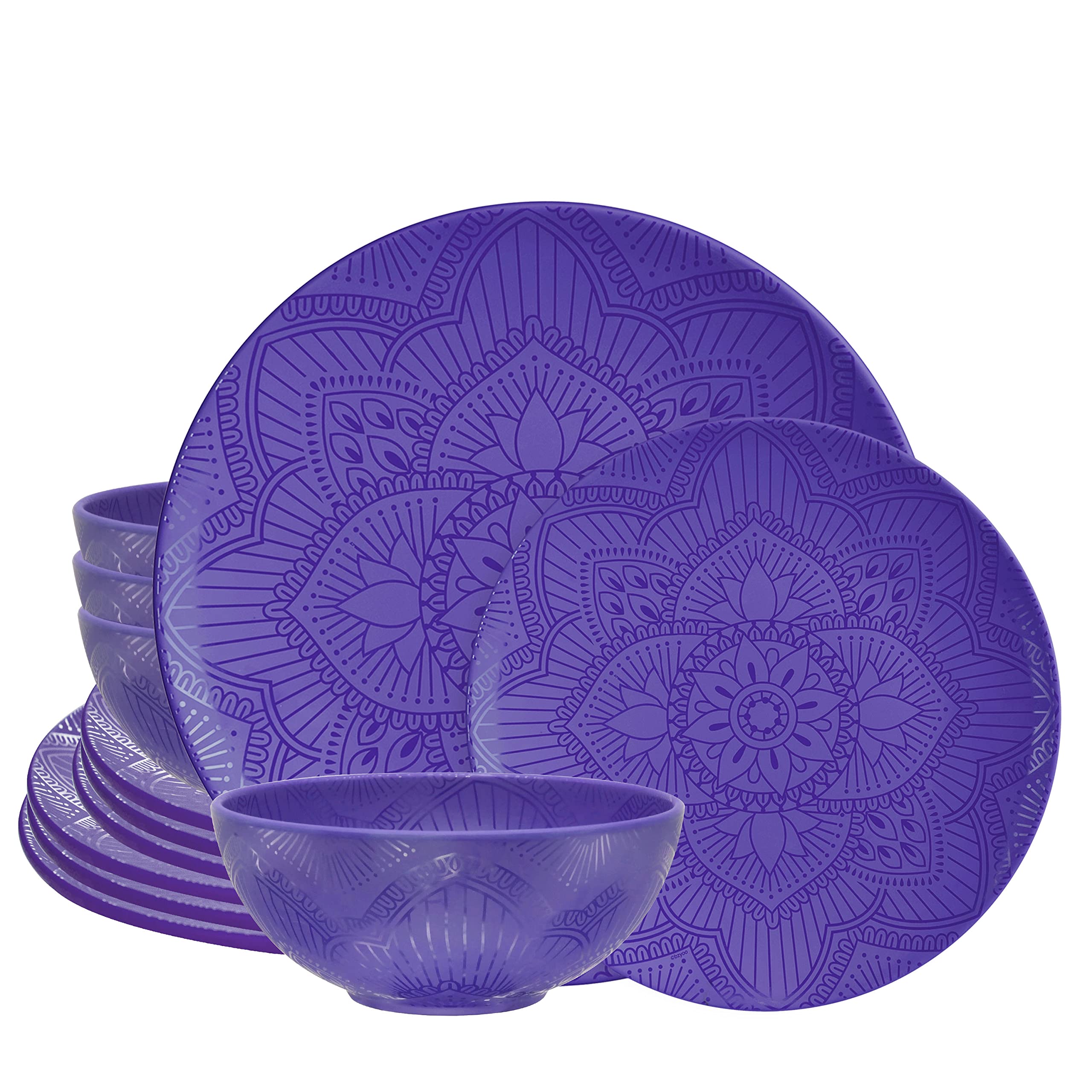 bzyoo 12 Piece Melamine Dinnerware Set - Durable, Dishwasher Safe ...