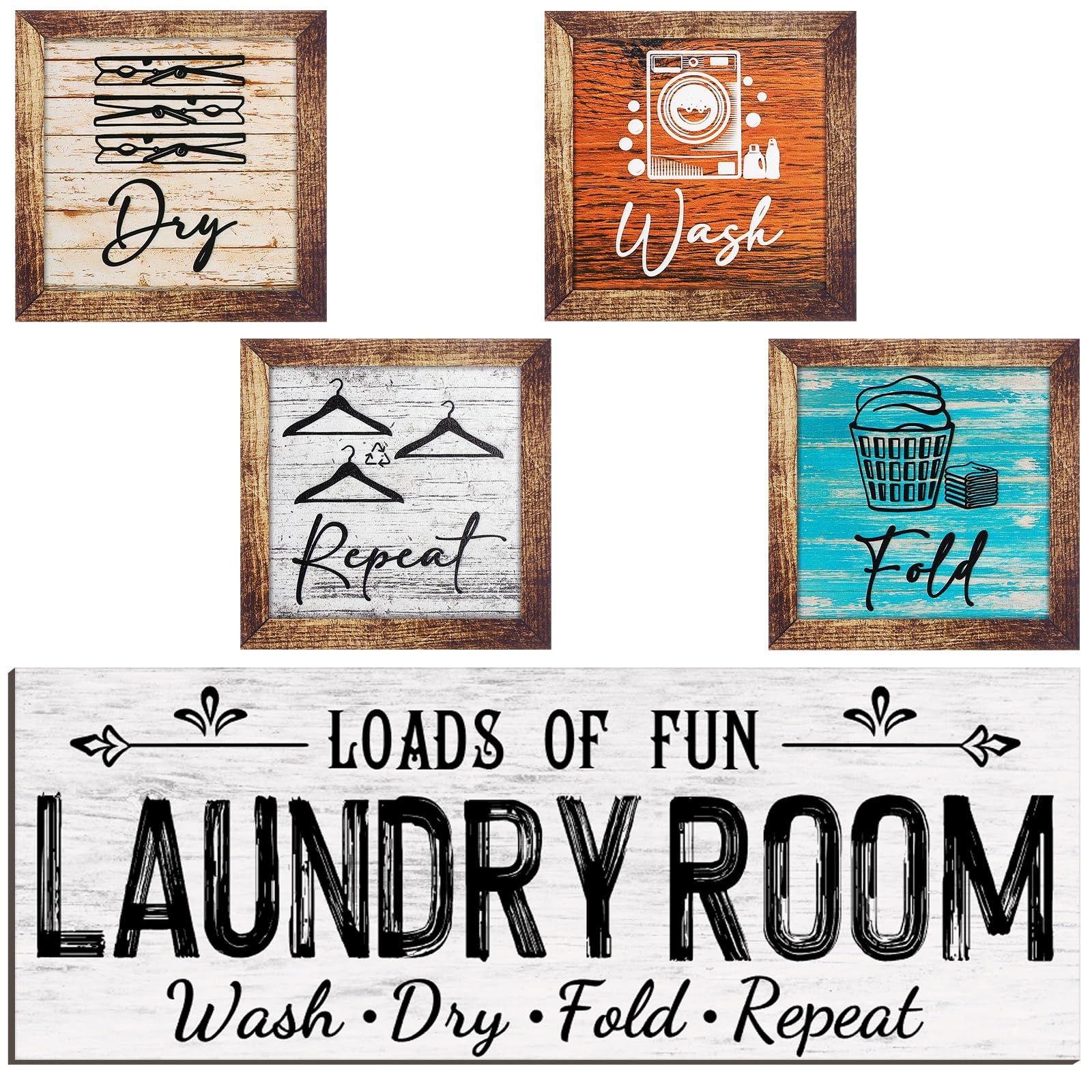 Yerliker Set of 5 Laundry Room Decor Farmhouse Wooden Sign Wash Fold ...