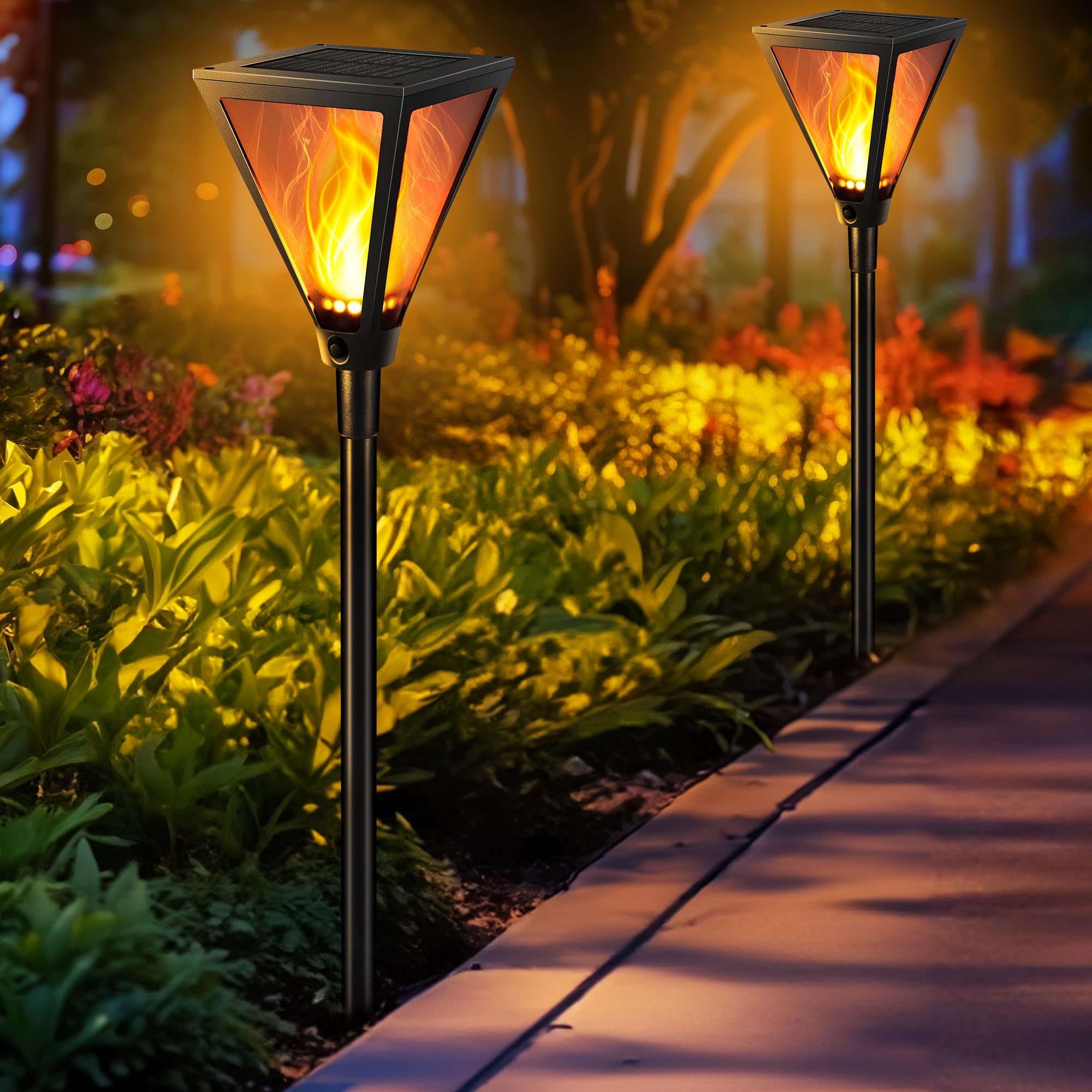 iBaycon 2 Pack Solar Flame Torch Lights, Flickering Flame Solar Garden ...