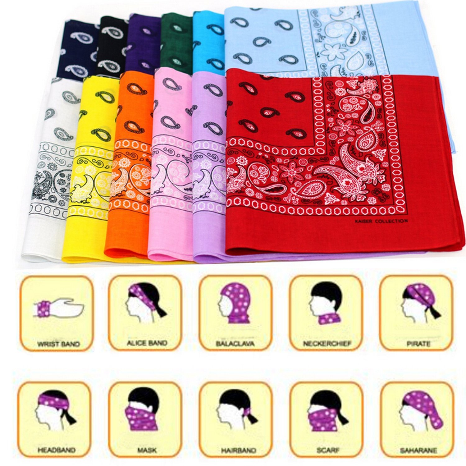 monochef One Dozen/12pcs Assorted Bandanas 22X22 Inch 100% Cotton ...
