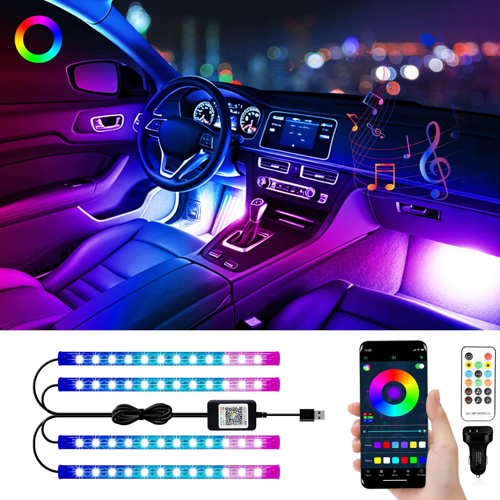 YM E-Bright RGB LED Strip Lights for Car App Control with Remote Led ...