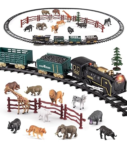 Safari Animals Figures Toy Train Set, Electric Locomotive with Light ...