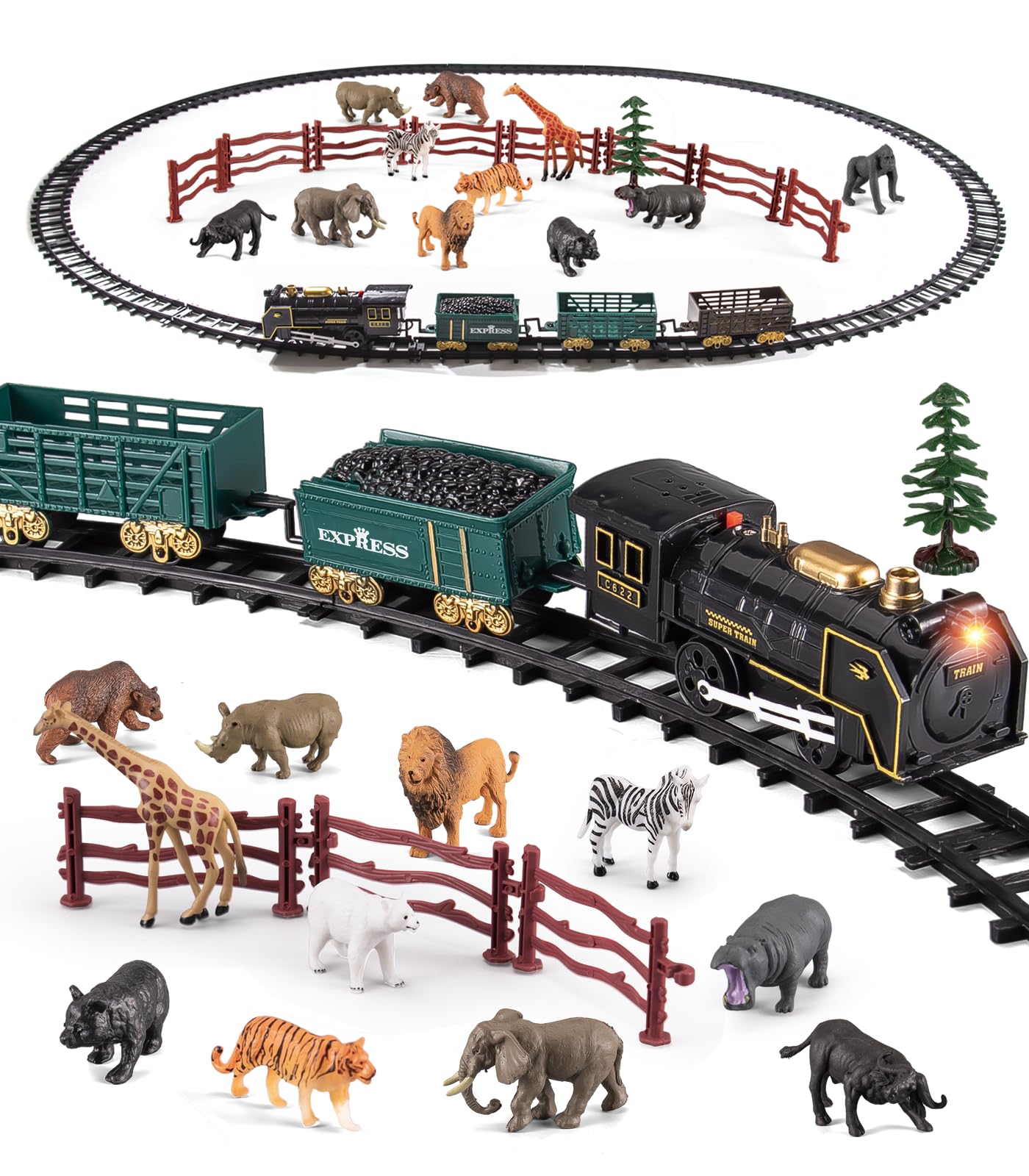 Safari Animals Figures Toy Train Set, Electric Locomotive with Light ...