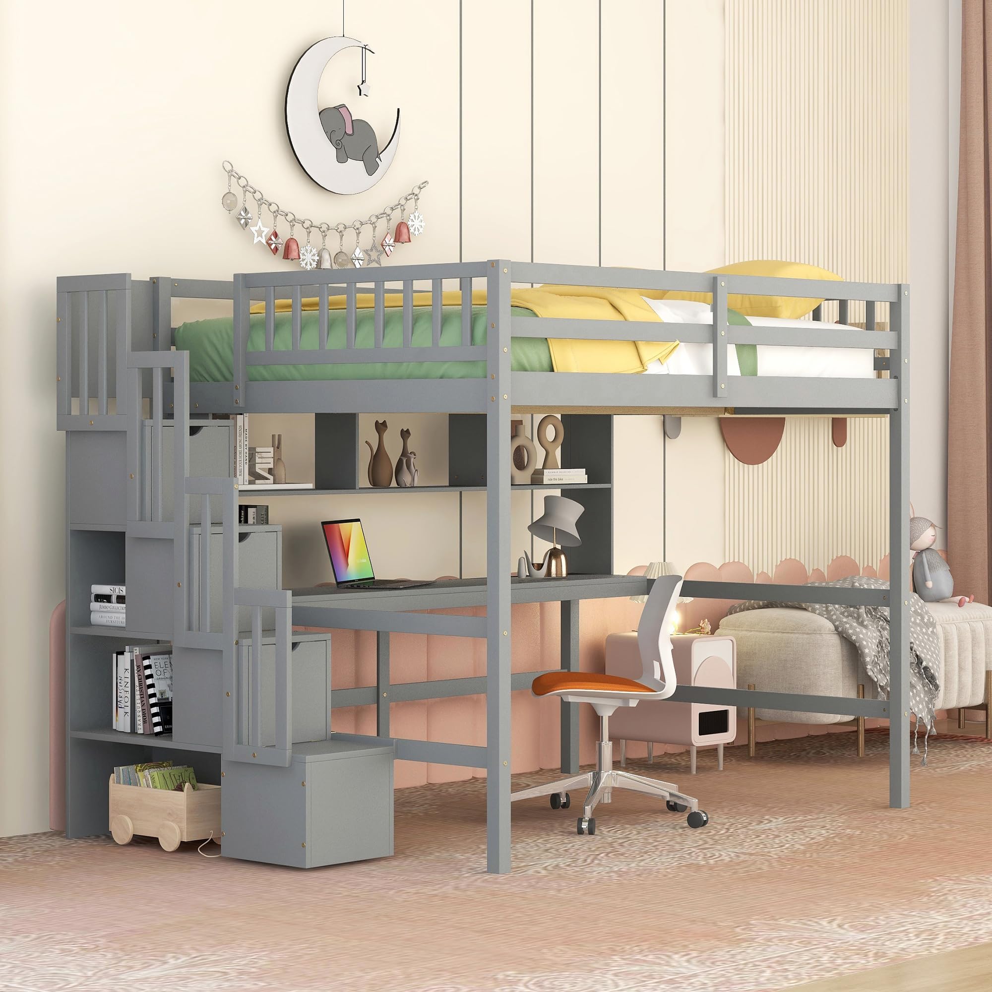 BIADNBZ Full Loft Bed with Stairs Storage, Built-in Desk and ...