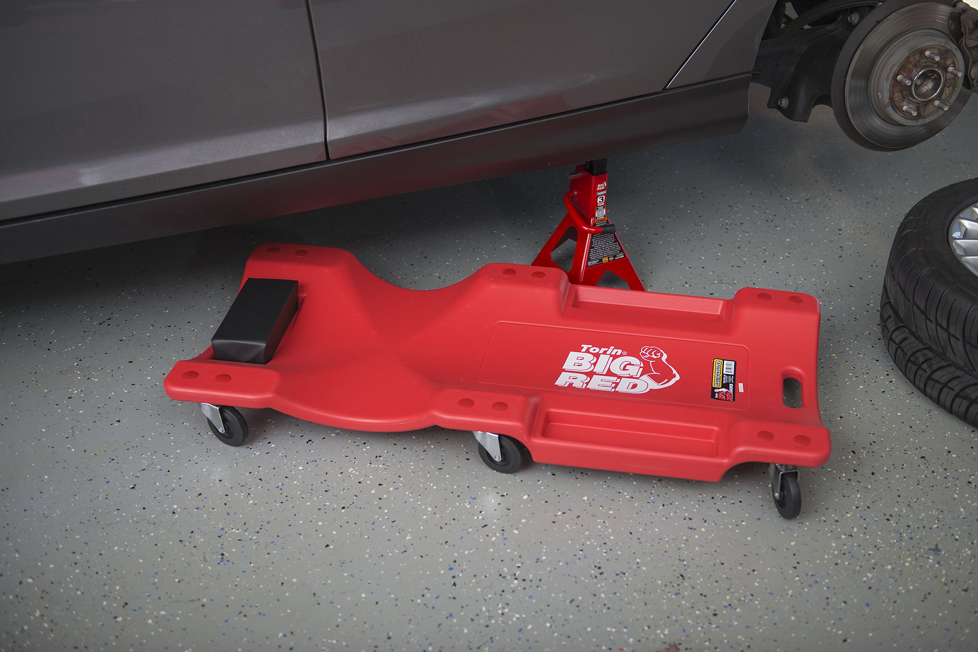 Torin Big Red Rolling Garage/Shop Creeper: 40" Plastic Mechanic Cart with Padded Headrest, Red