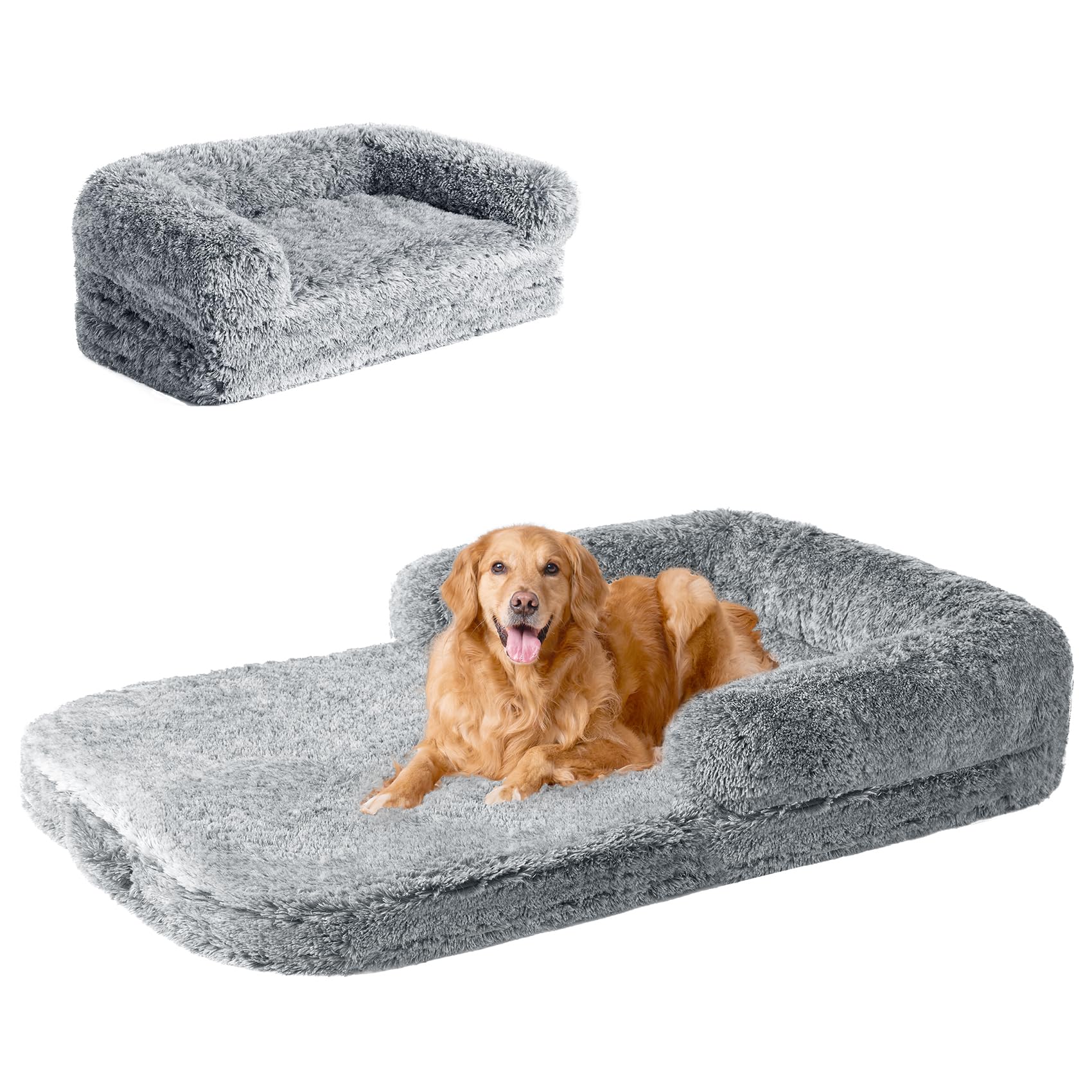EHEYCIGA Foldable XXL Dog Bed, Faux Fur Fluffy Dog Bed for Extra Large ...