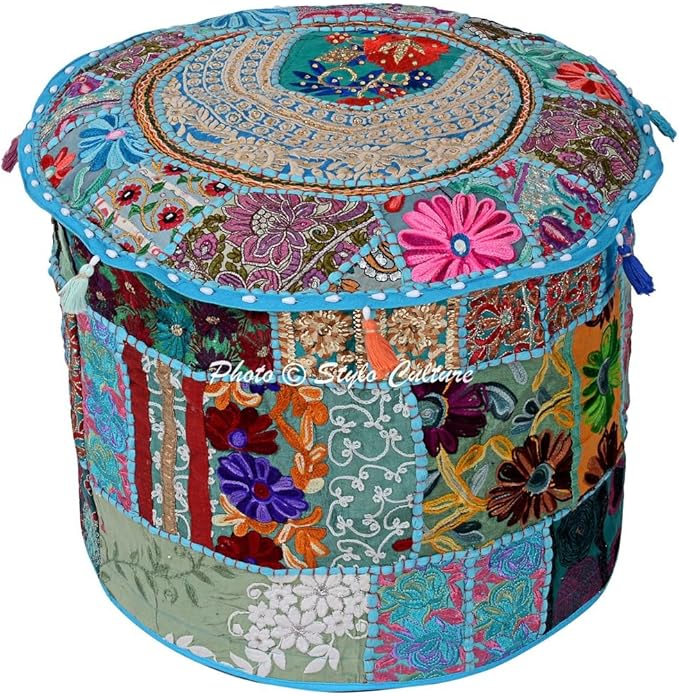 Stylo Culture Traditional Round Pouffe Seat Cotton Patchwork Pouffe ...