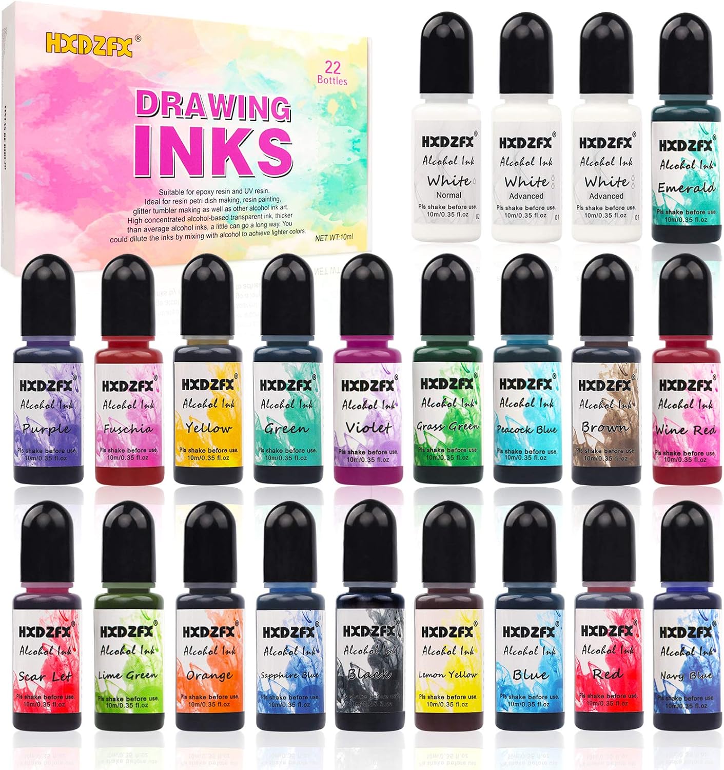 HXDZFX Alcohol Ink Set – 22 vibrant Colors High Concentrated Alcohol ...