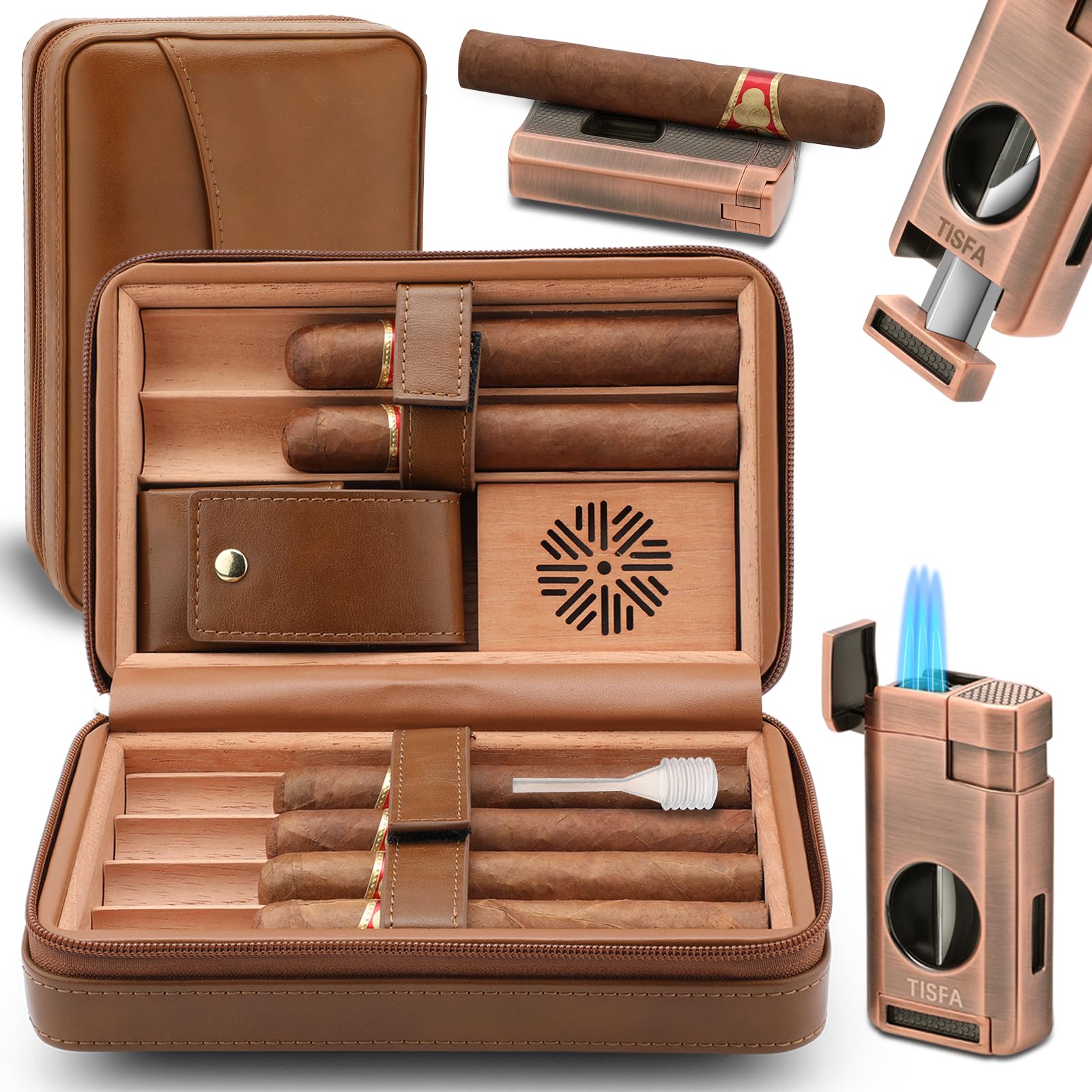 TISFA Cigar Humidor, Leather Cedar Wood Cigar Case with Cigar Lighter ...