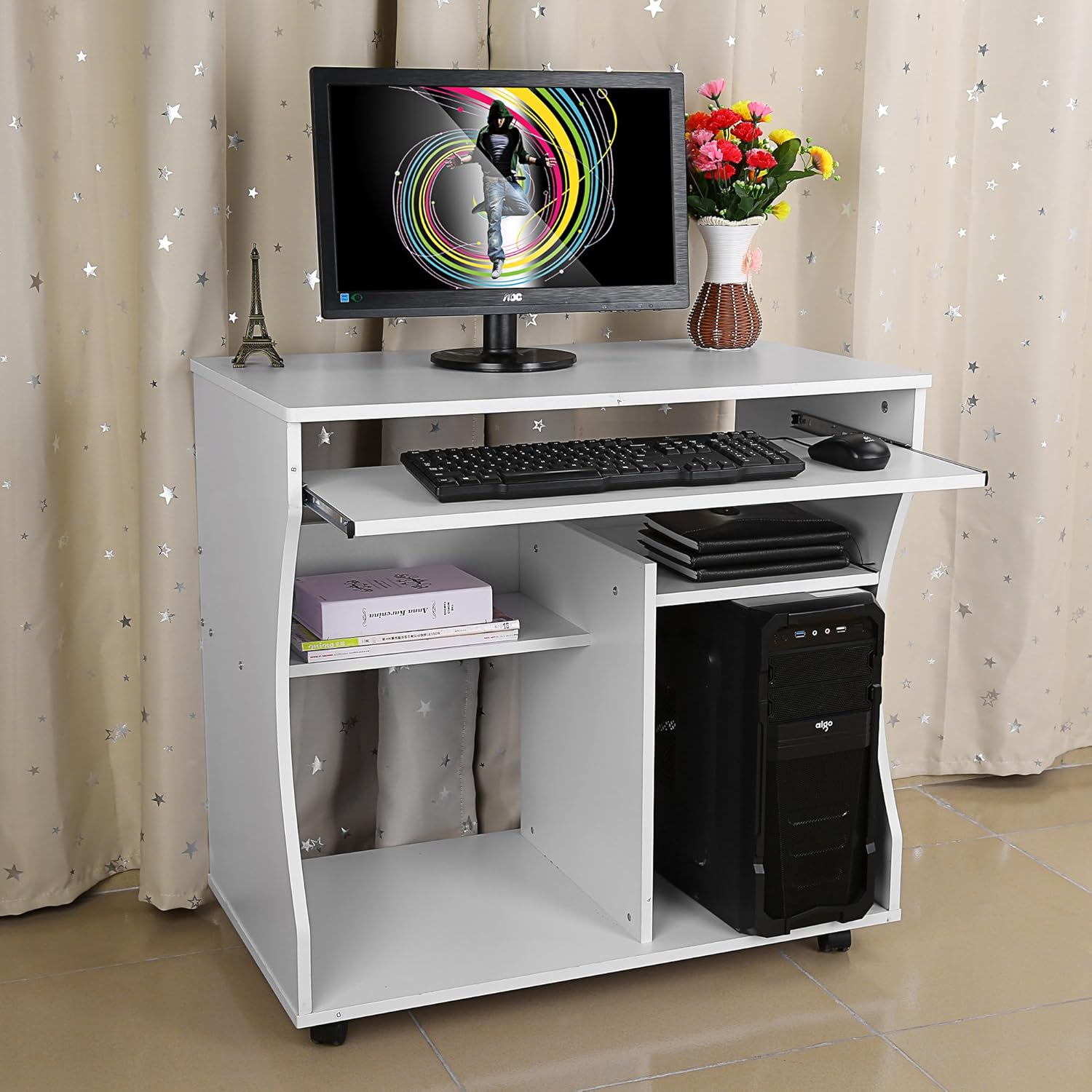 Bureau Informatique Ordinateur PC à Roulettes Table de Travail Design ...