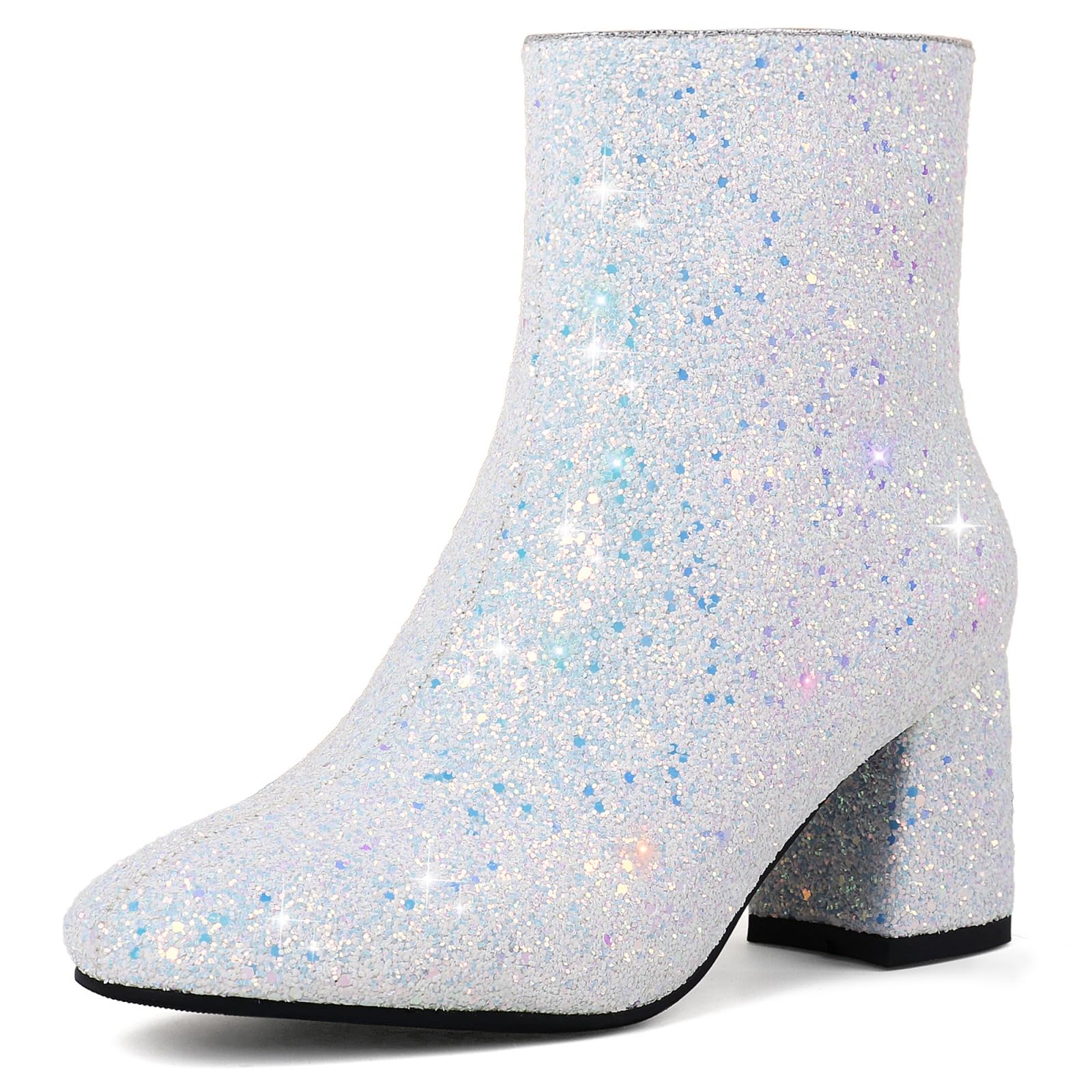 MAVMAX Women's Sequin Glitter Ankle Boots Chunky Heels Sparkly Booties ...