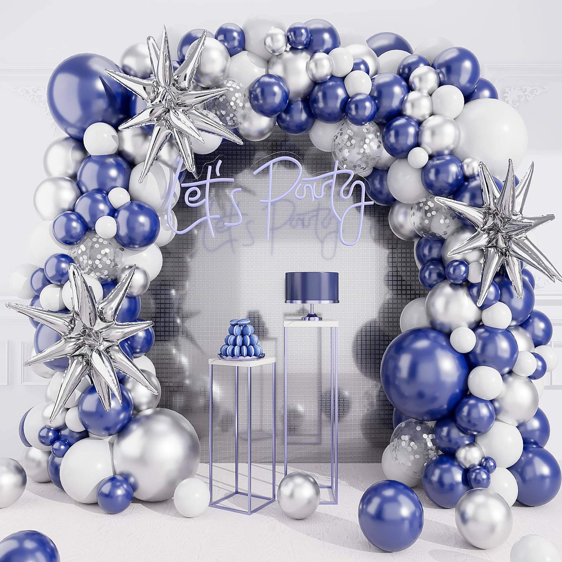 Navy Blue Silver White Balloons Garland Arch Kit,142PCS Confetti Latex Metal Balloons Aluminum ...