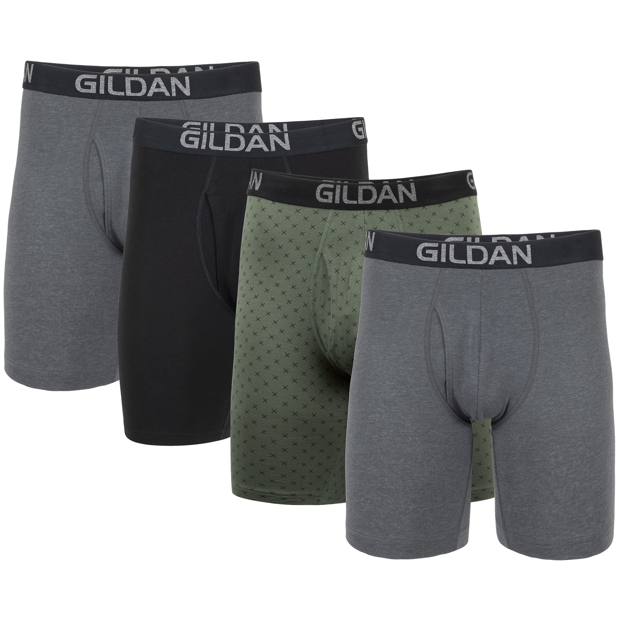Gildan Men's Underwear Cotton Stretch Boxer Briefs, Multipack, Heather Dark Grey/Green Midnight ...