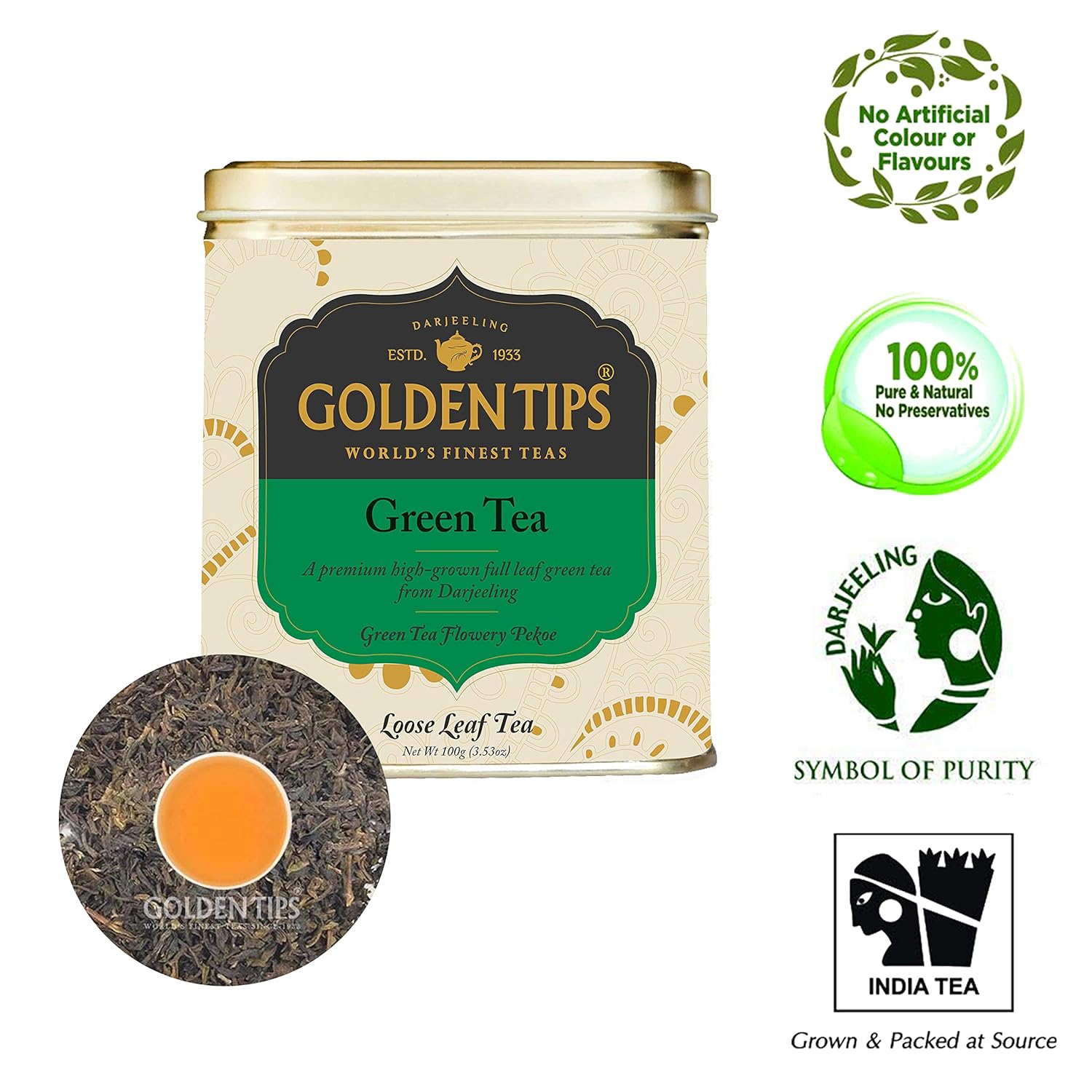 Golden Tips Green Tea Loose Leaf (40+ Cups, 100gm) Tin Caddy | Best for ...