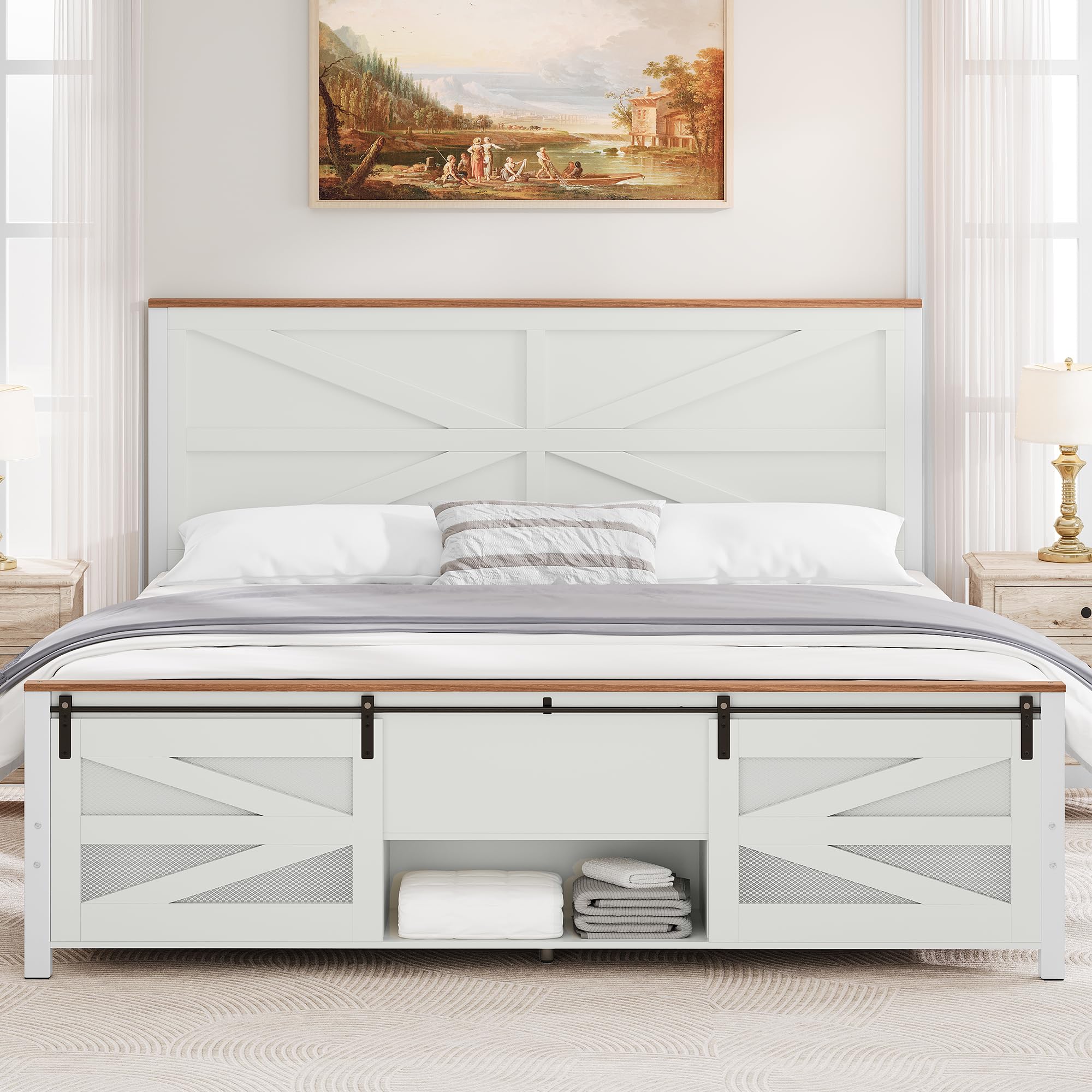 YITAHOME Farmhouse King Size Bed Frame with Sliding Barn Door Storage ...