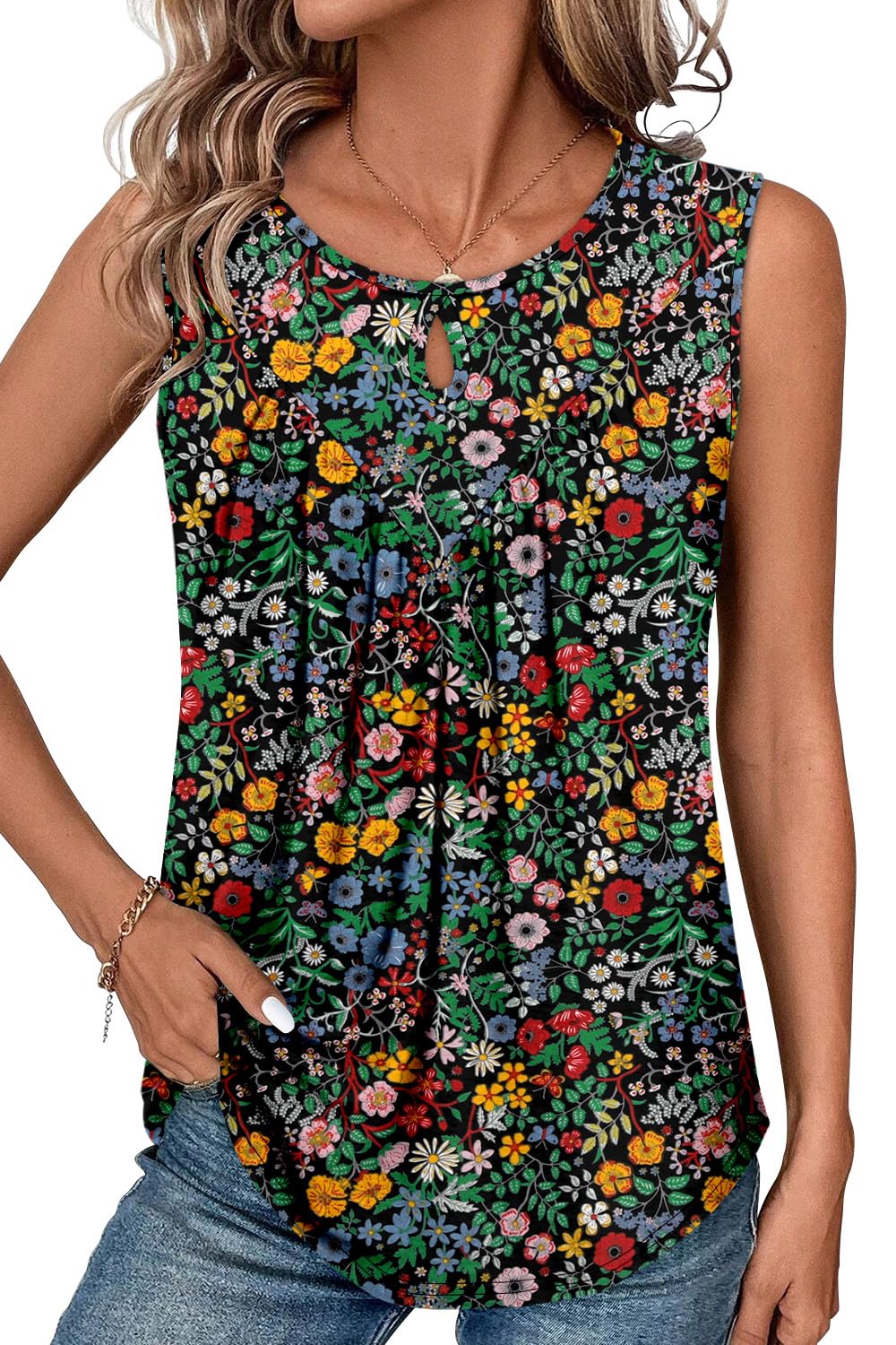 Ladies Boho Patterned Tunic Tank Loose Style Crewneck Sleeveless Folded ...