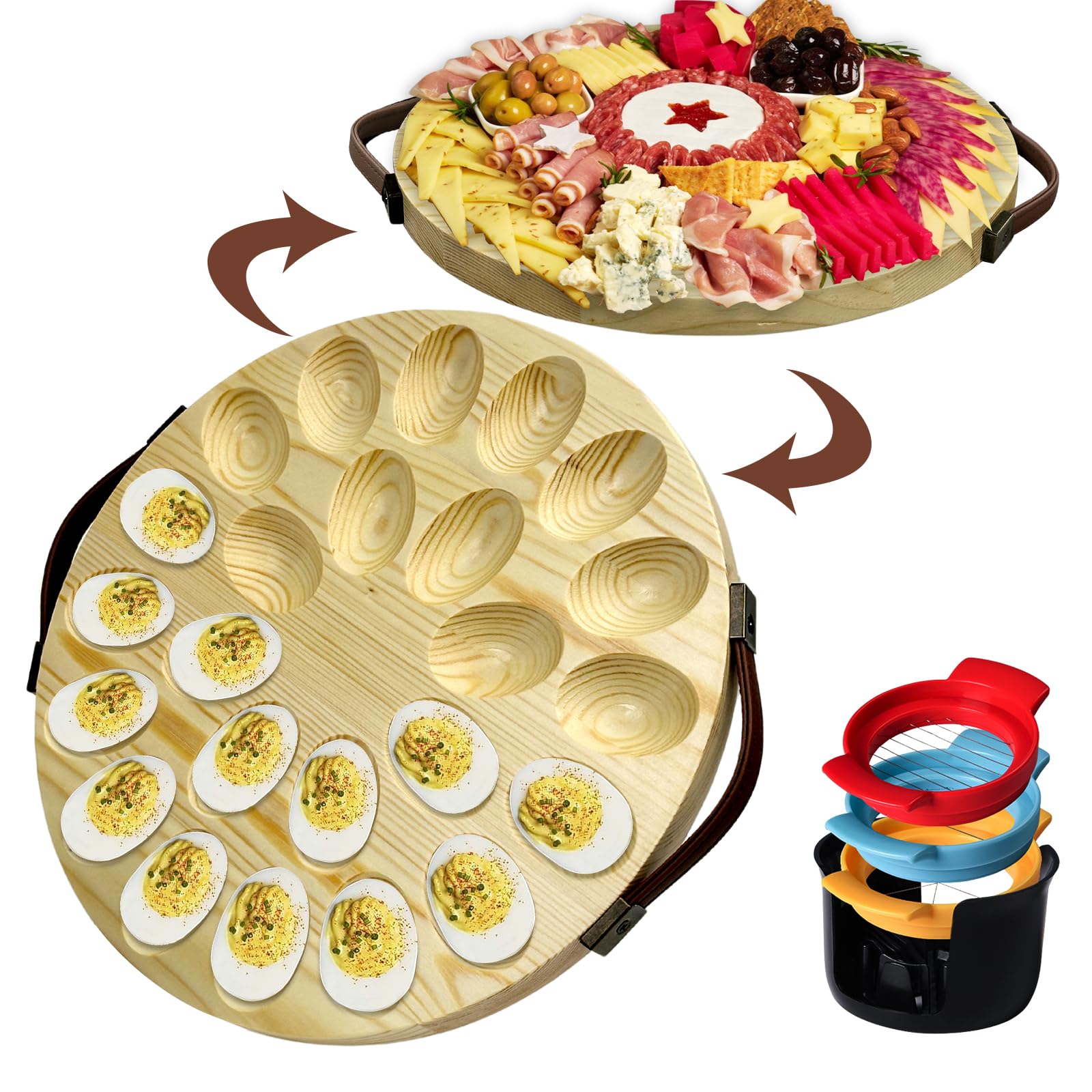 24-Hole Wooden Deviled Egg Tray with Handles & Cutter | Reversible ...