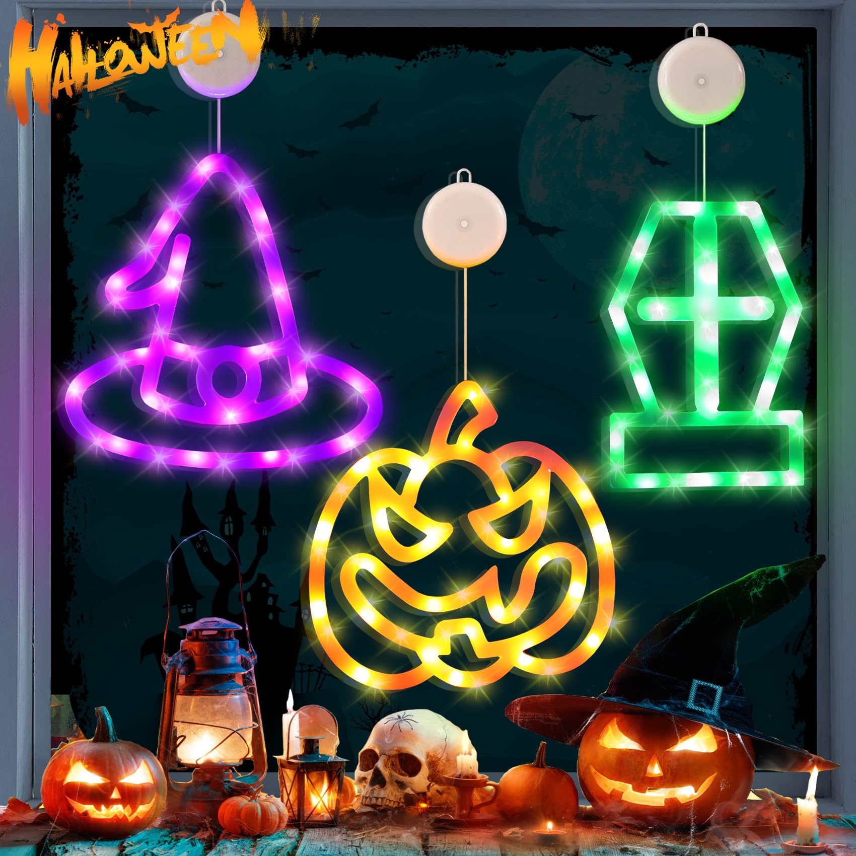 Halloween Lights, 3 Pack Halloween Decorations Orange Pumpkin Purple ...