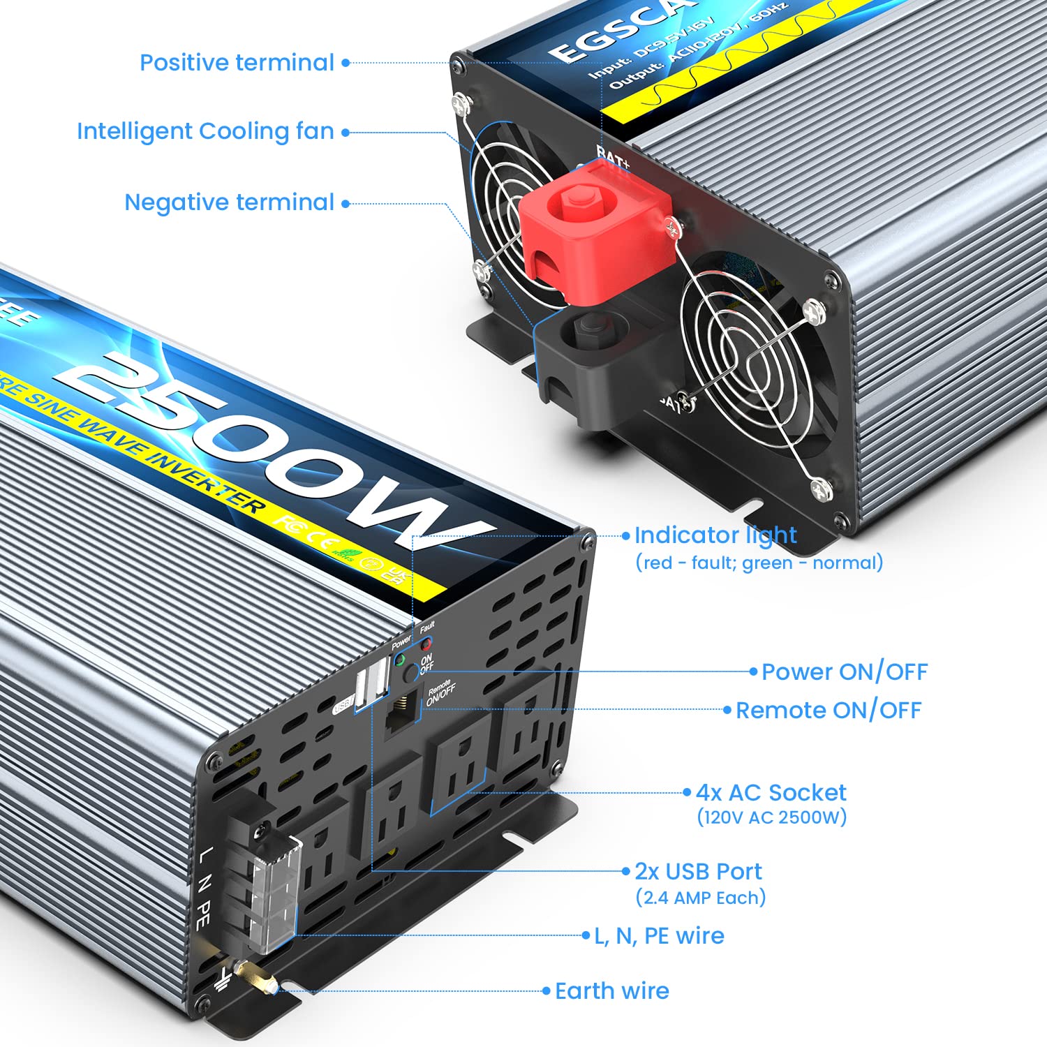 Mua 2500W Pure Sine Wave Inverter 12V DC to 120V AC Converter for Truck ...