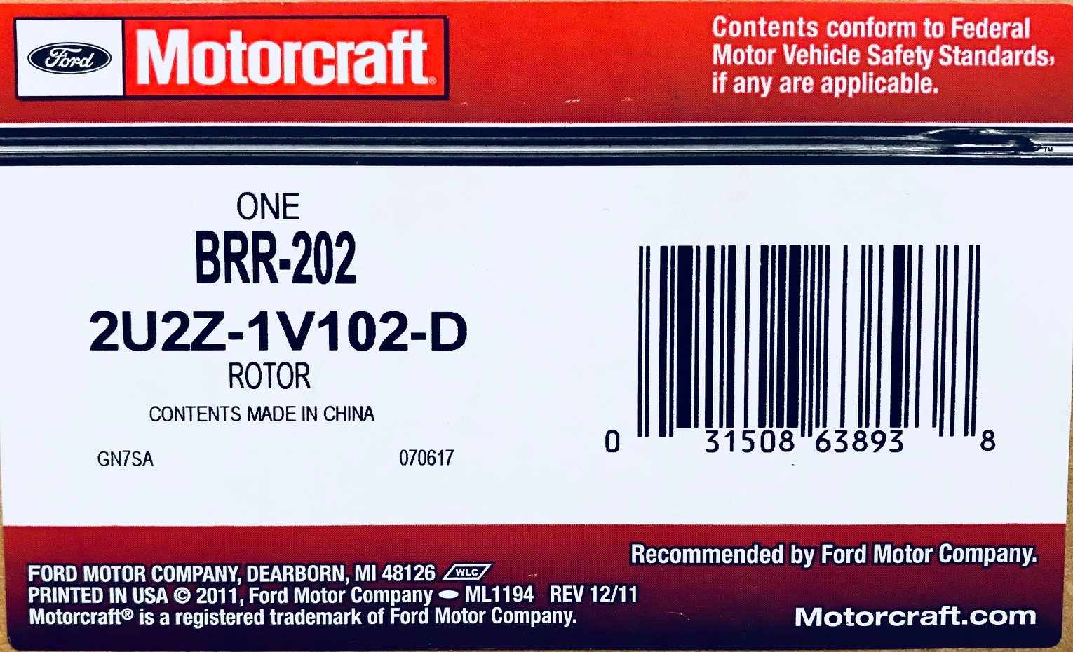 Motorcraft BRR202 Brake Rotor