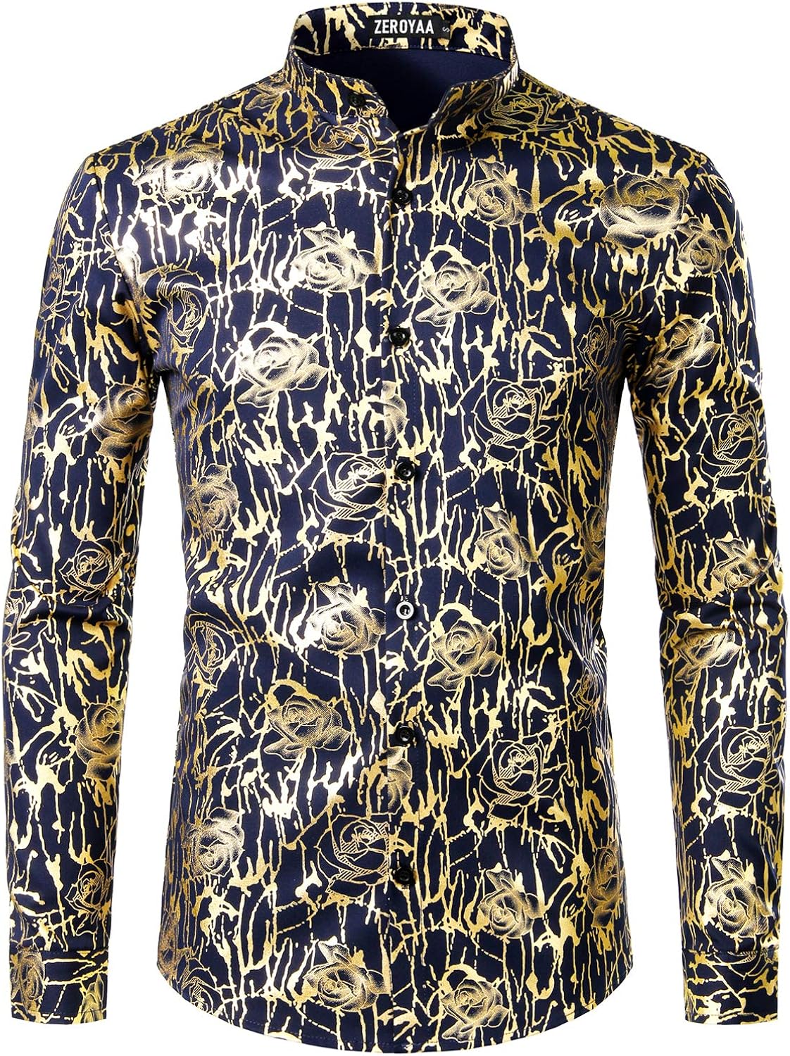 ZEROYAA Men's Hipster Shiny Gold Print Design Slim Fit Mandarin Collar ...
