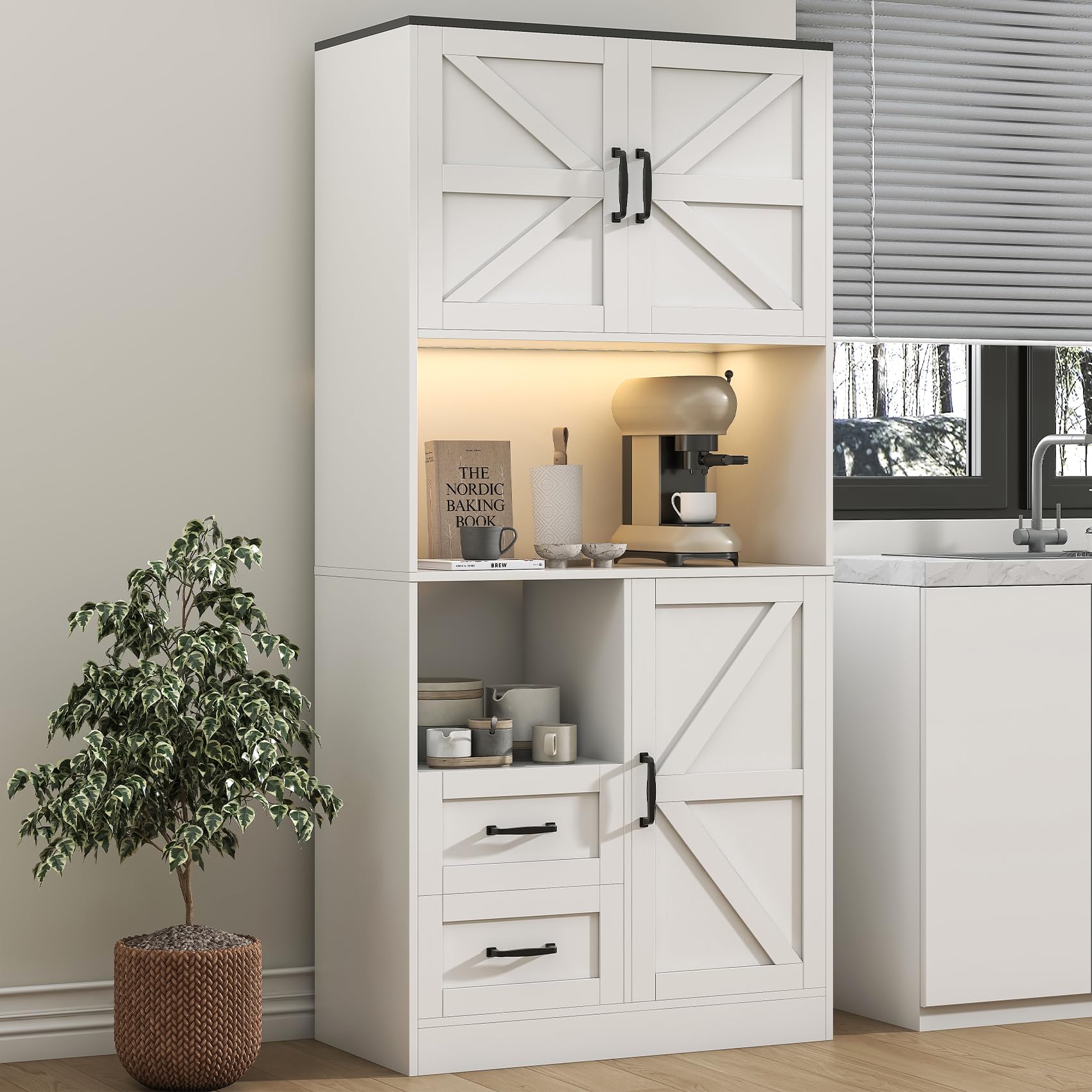 HAUXITIO Kitchen Pantry Storage Cabinet - with LED Lights and Power ...