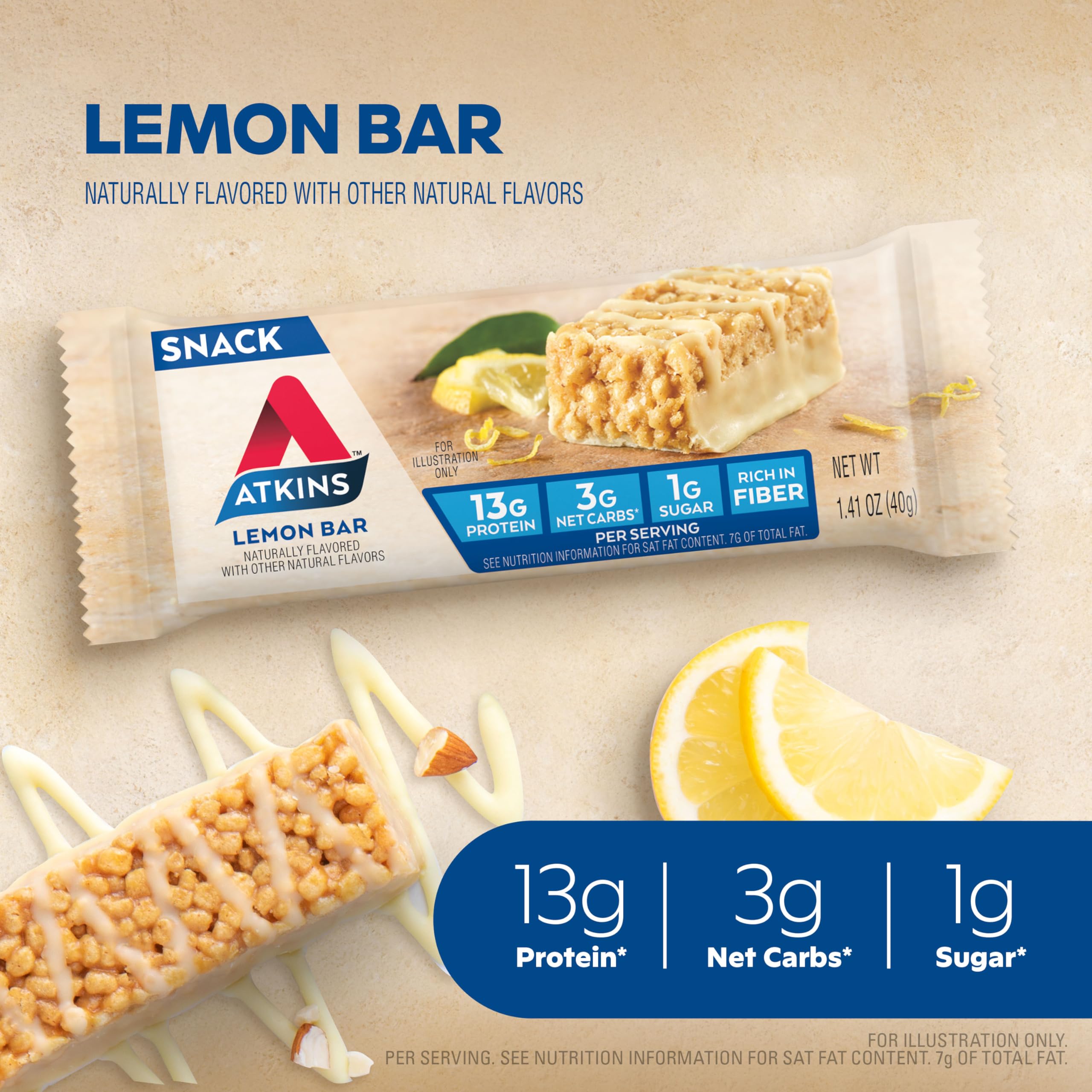 Atkins Snack Bar, Lemon Bar, 13g Protein, 3g Net Carbs, 1g Sugar, Made ...
