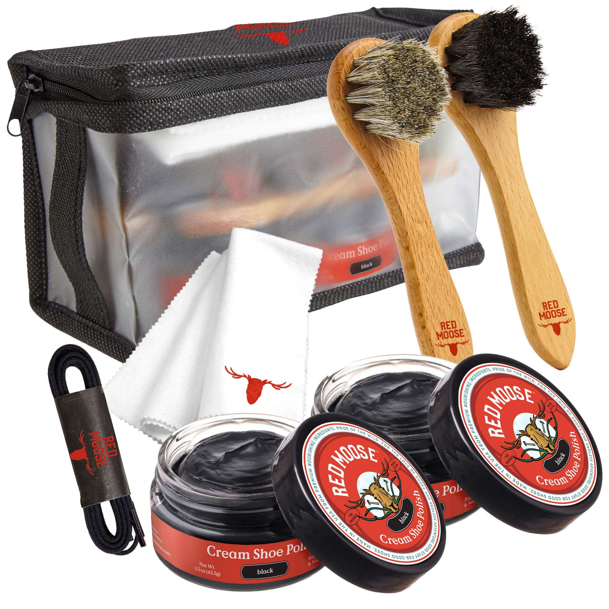 RED MOOSE 7pc Black Leather Shoe and Boot Polish Kit – Brushes, Cloth ...