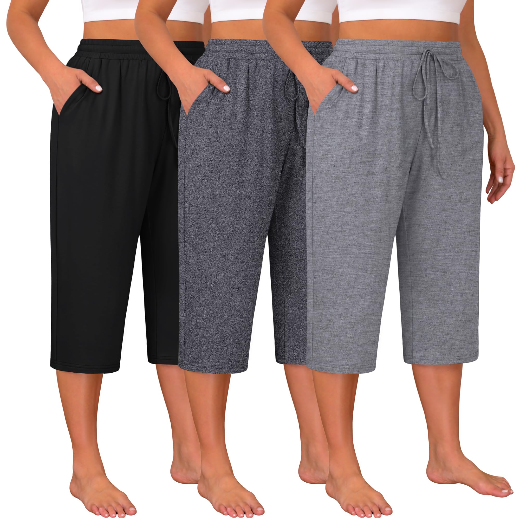 Huukeay 3 Pack Women's Plus Size Capris, Drawstring Cotton Yoga Capri ...