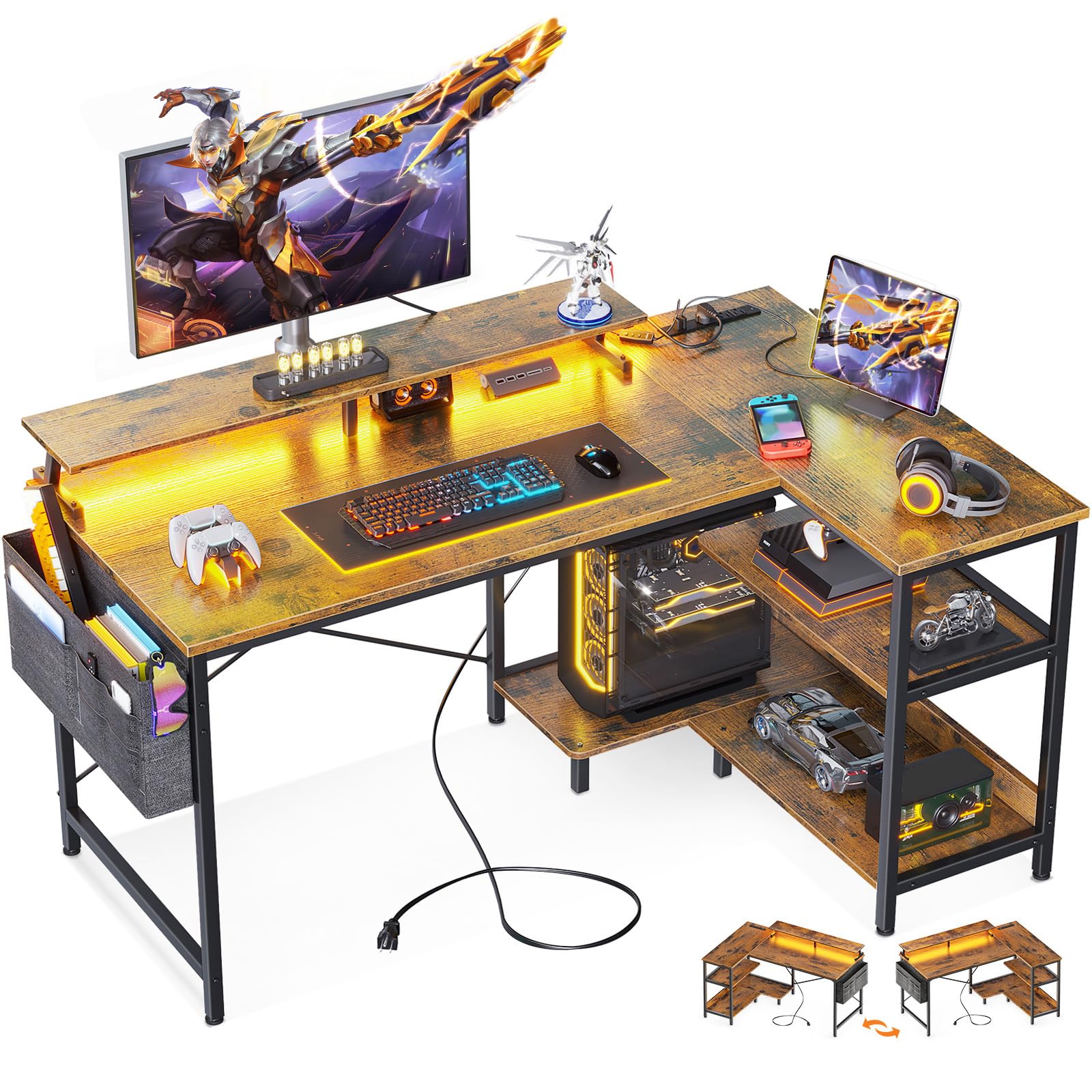 ODK 48 Inch Gaming Desk with USB Charging Ports and LED Lights ...