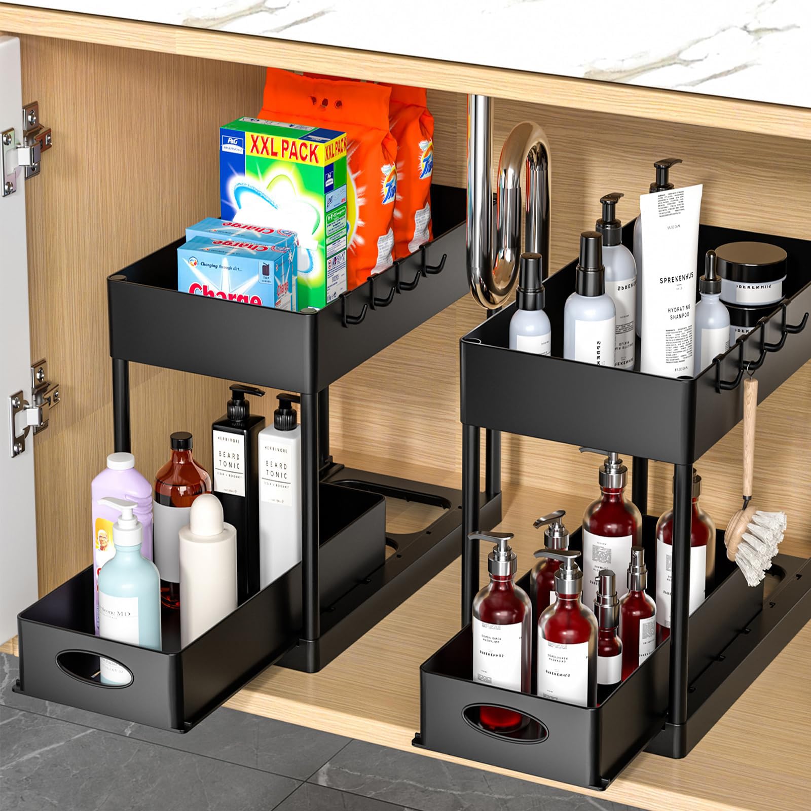 PUILUO 2 Set Under Sink Cabinet Organizer, 2 Tier Storage Under Cabinet ...