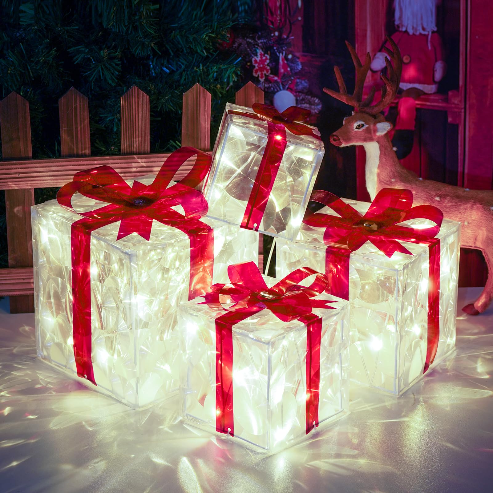 COVFEVER Christmas Lighted Gift Boxes, Pre-lit Lights Gift Boxes Set of ...