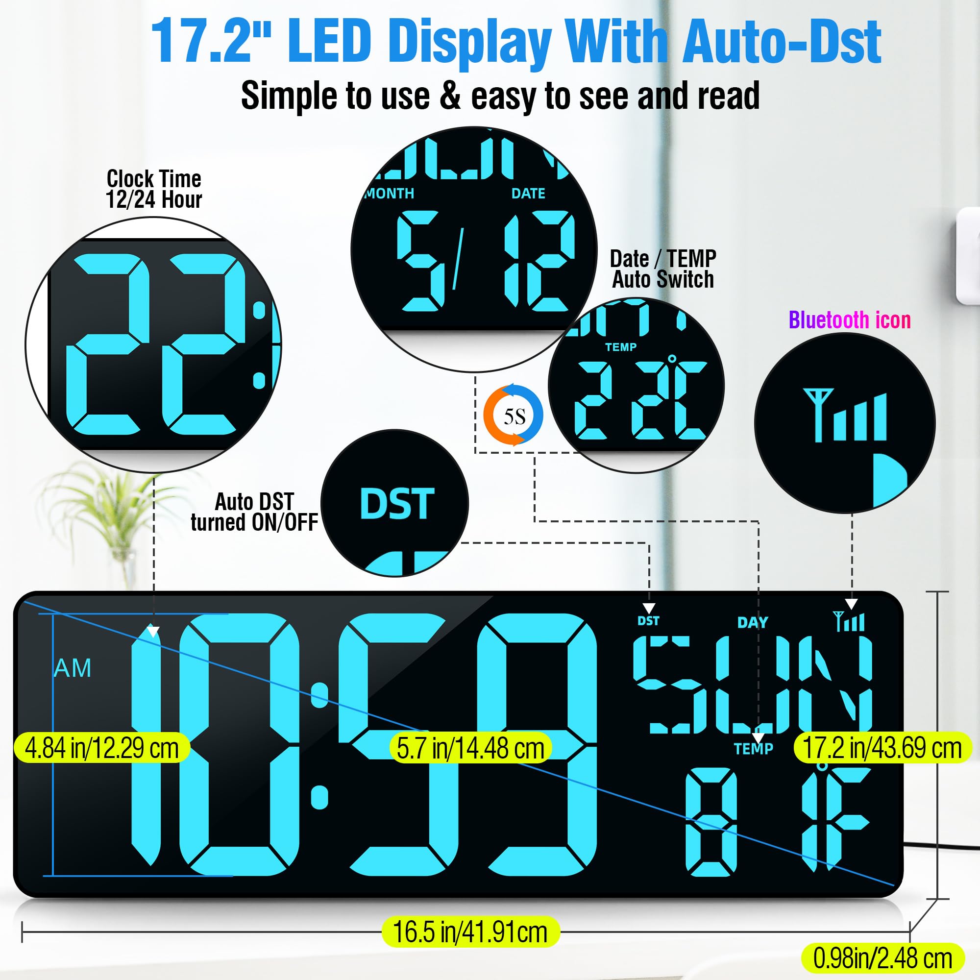Mua 17.2" Large Digital Wall Clock Bluetooth Sync Time, LED Wall Clock ...
