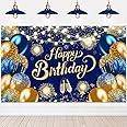 Amazon.com: Lecheme Blue Happy Birthday Backdrop 6x3.6 ft Blue Gold Banner for Men Women ...