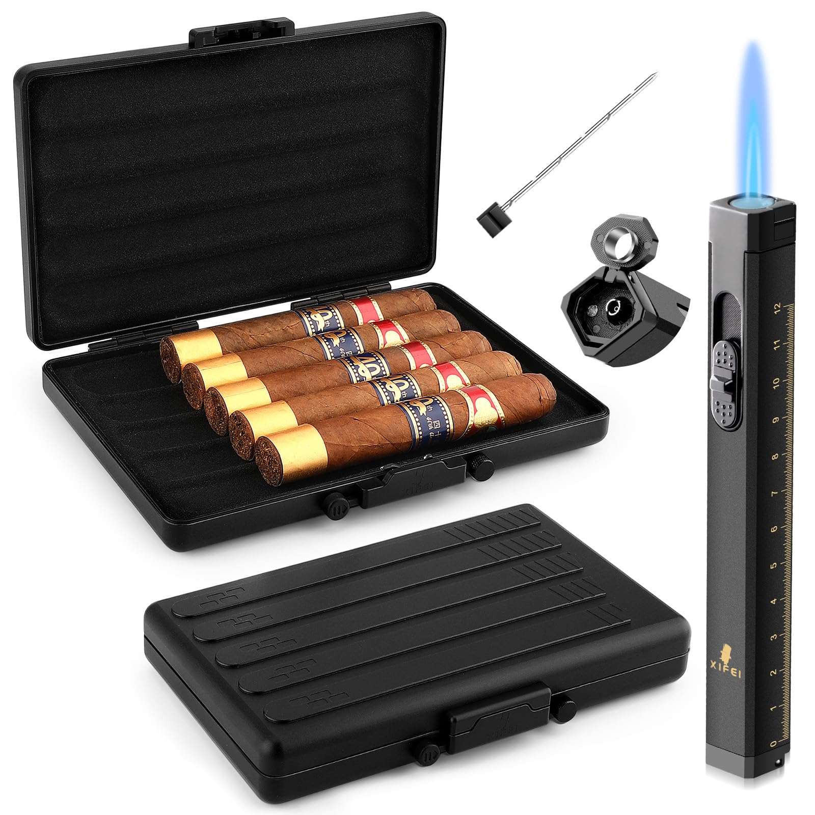 XIFEI Cigar Humidor, Aluminum Alloy Cigar Box with Cigar Lighter, Cigar ...