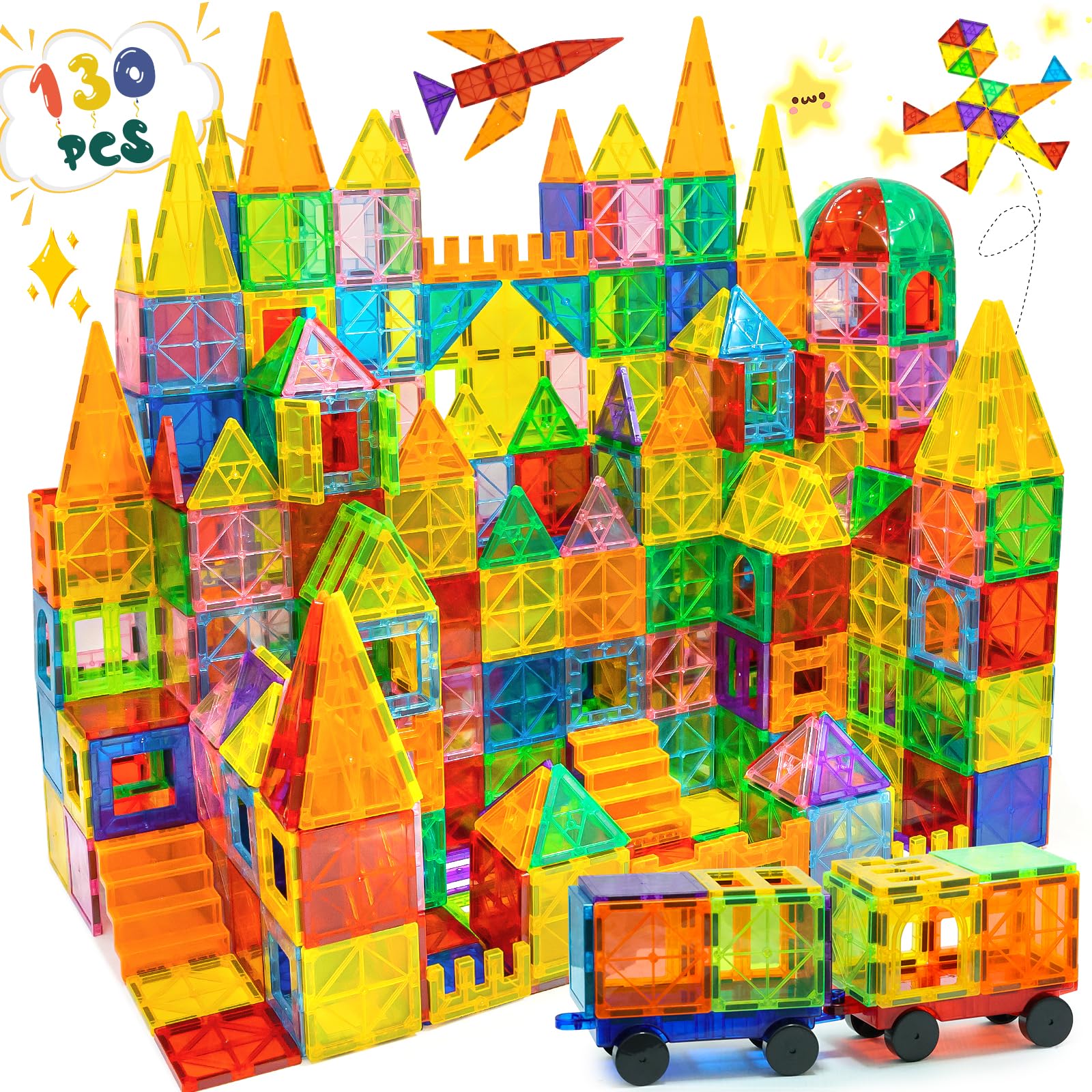 EchoPlan 130 PCS Magnetic Tiles,Magnetic Building Blocks with 2 Cars ...